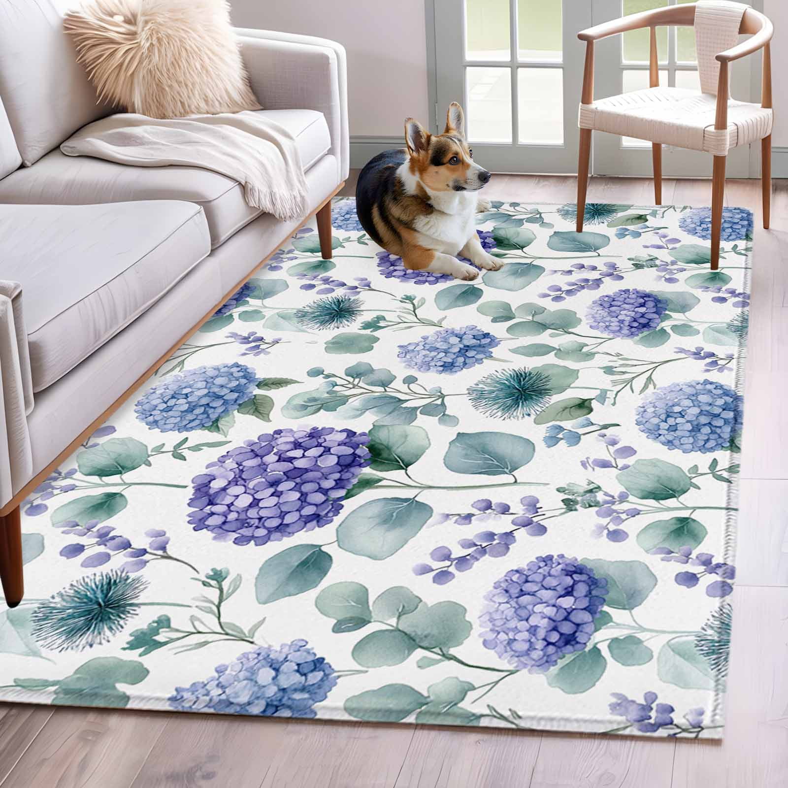 Blue Purple Area Rugs 3x5 ft Hydrangea Eucalyptus Leaves Country ...