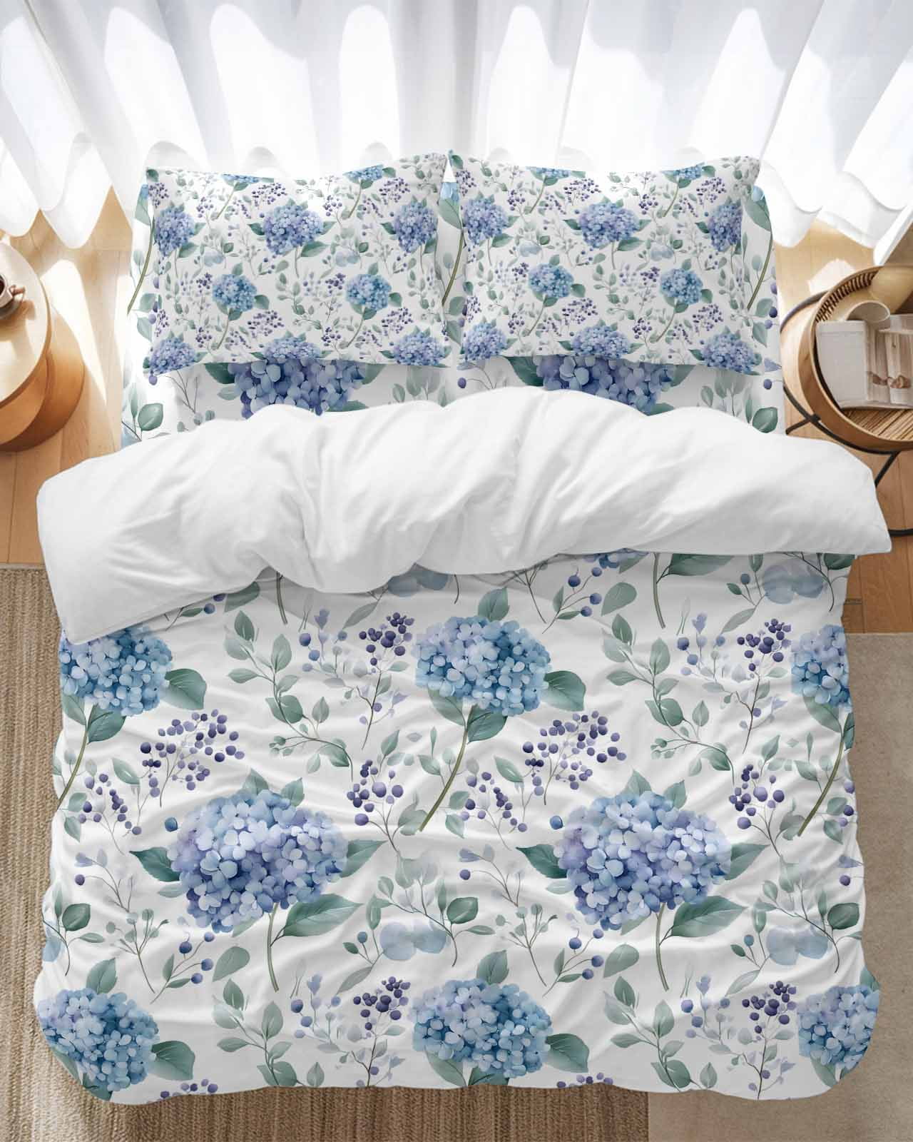 Blue Purple Bedding Duvet Cover Set Twin Size 4 Pieces Hydrangea Floral ...