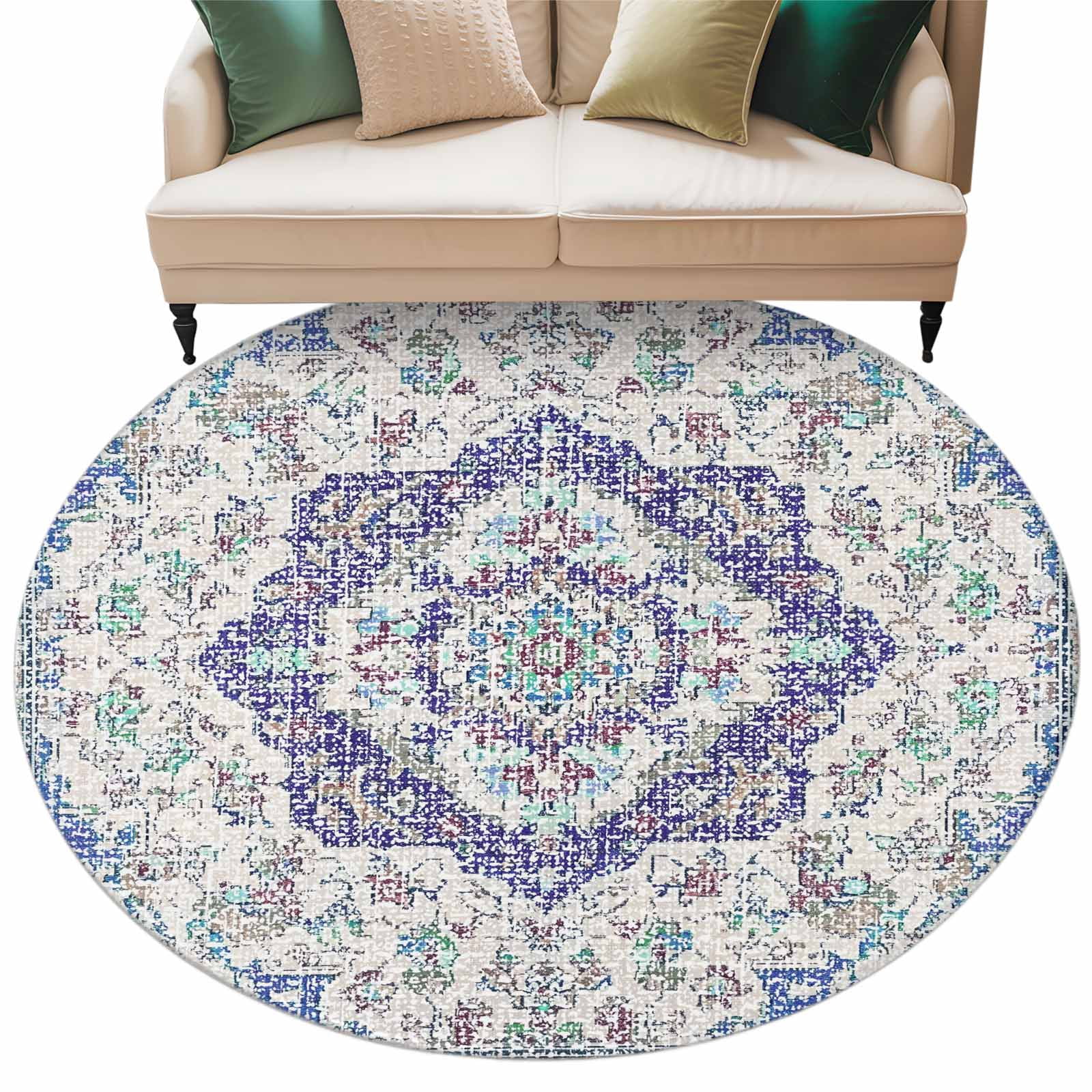 Blue Purple Boho Round Area Rugs Collection 7', Vintage Abstract Art ...