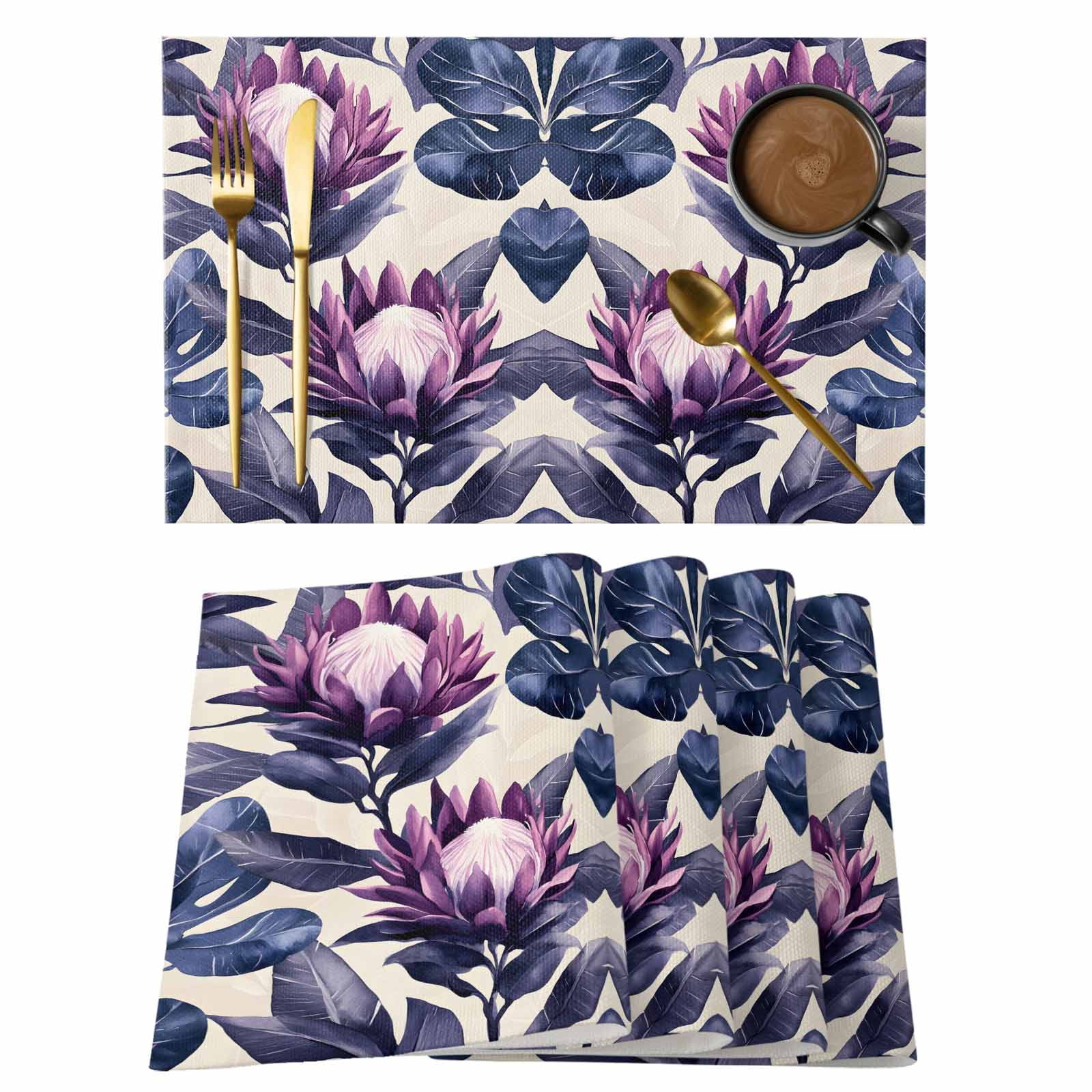 Blue Purple Botanical Placemats Set of 12 Spring Flowers Summer Retro ...