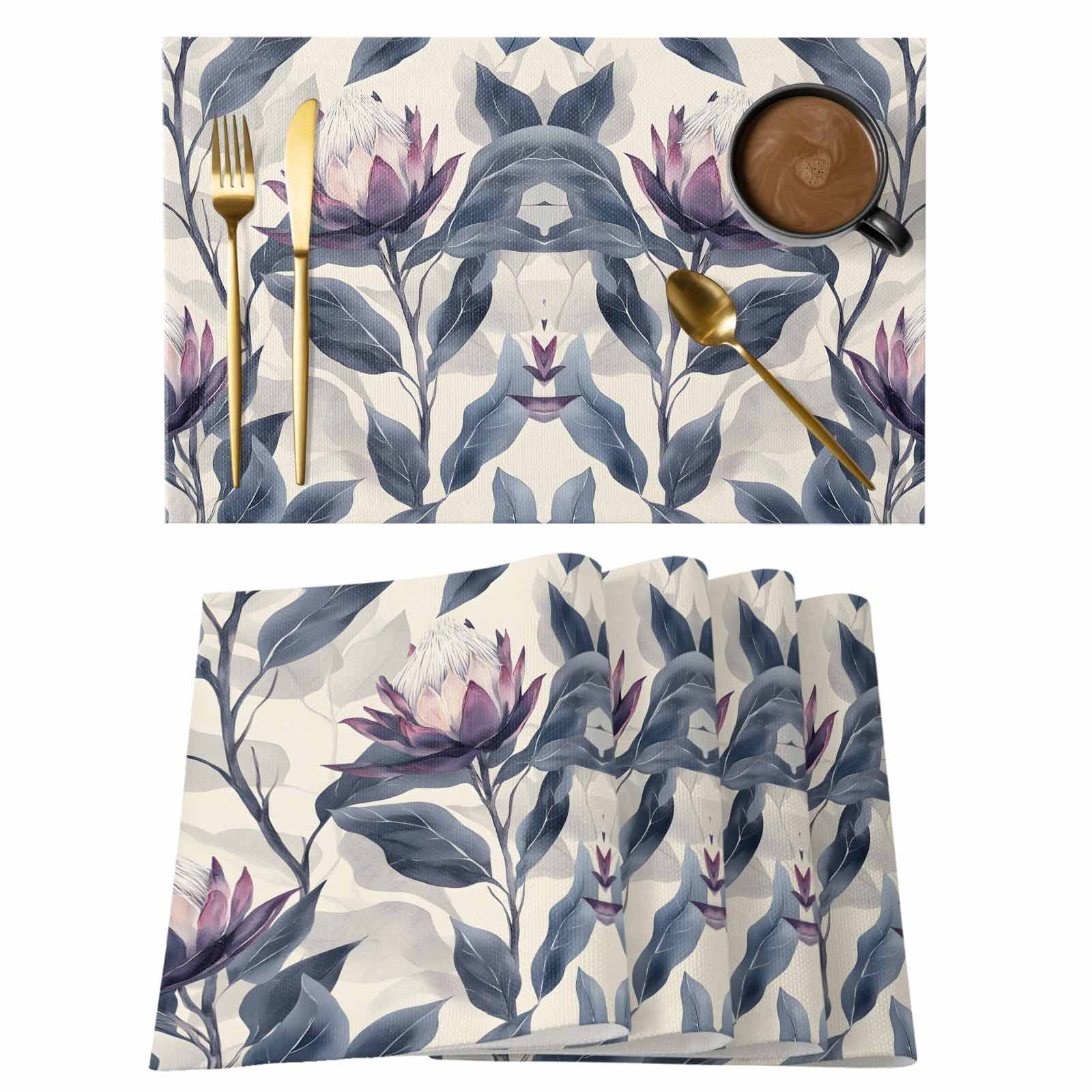 Blue Purple Botanical Placemats Set of 12 Vintage Flowers Illustration ...