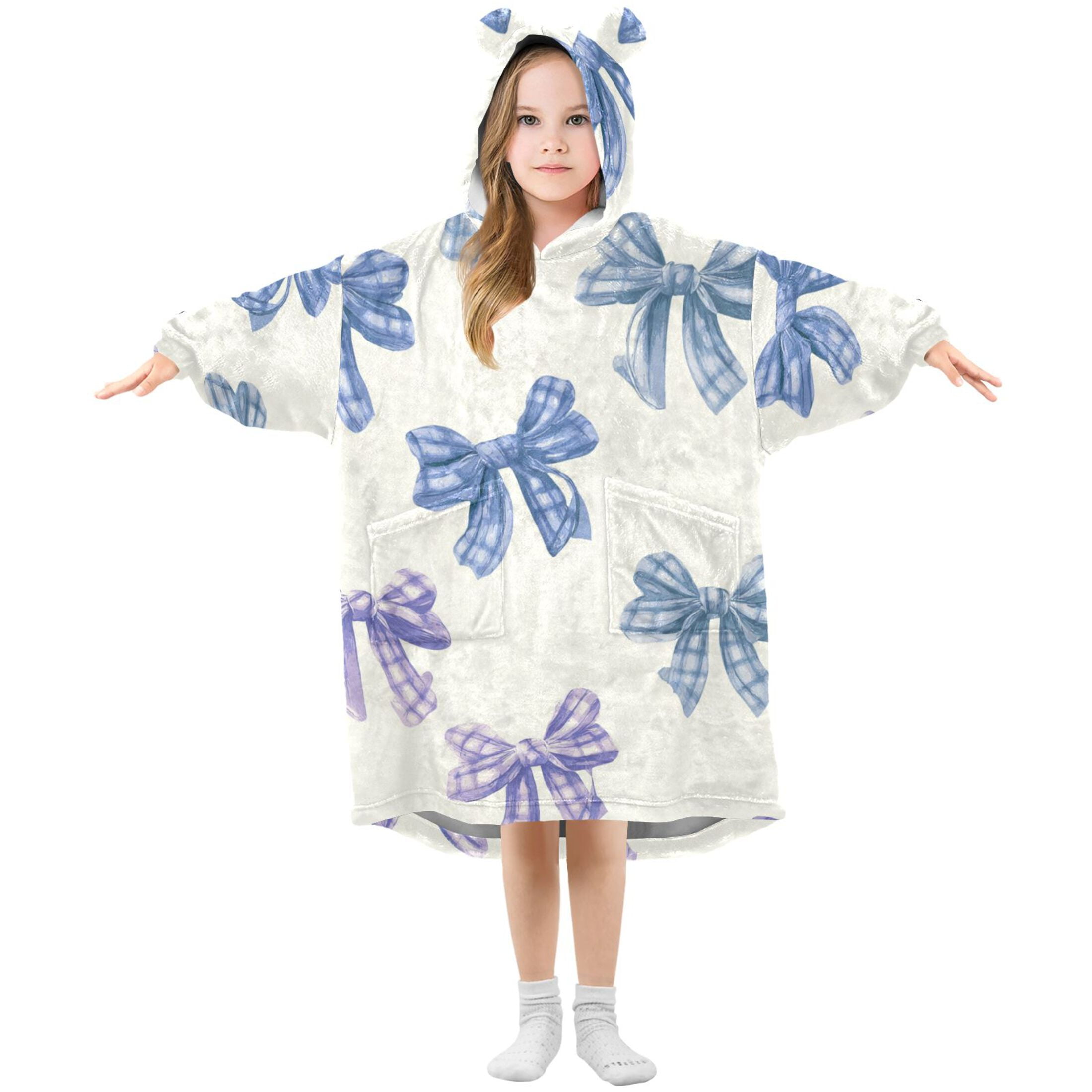 Blue Purple Bows with Plaids Flannel Wearable Blankets Hooded Design ...