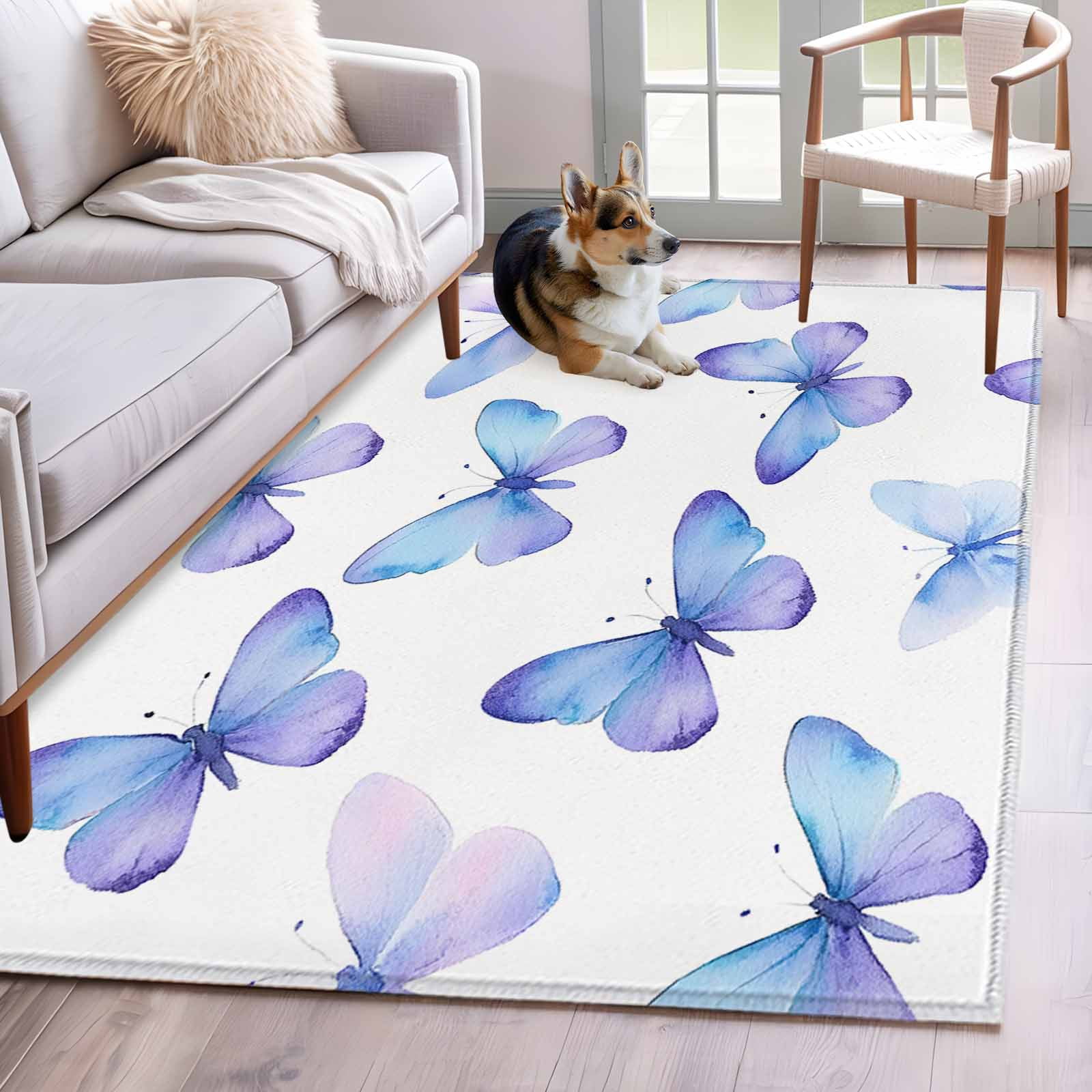 Blue Purple Butterfly Area Rug 3x5 Washable Rug Non Slip Watercolor ...