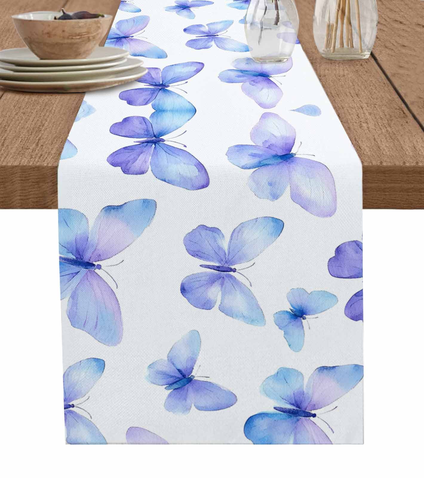 Blue Purple Butterfly Burlap Cotton Table Runner 13x48 Inches Long ...