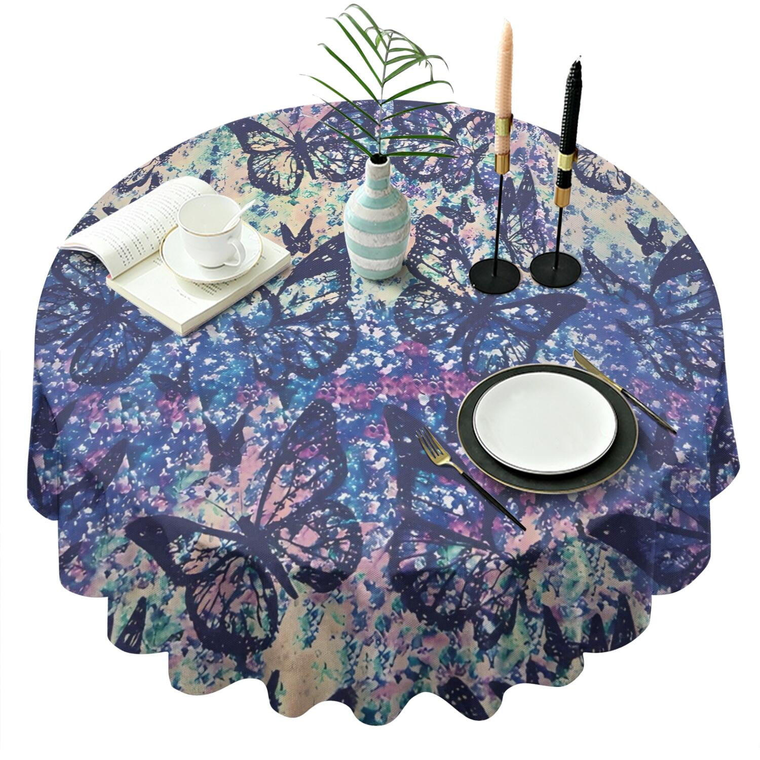 Blue Purple Butterfly Pattern Round Tablecloth 60"x60",Wrinkle Wipeable ...