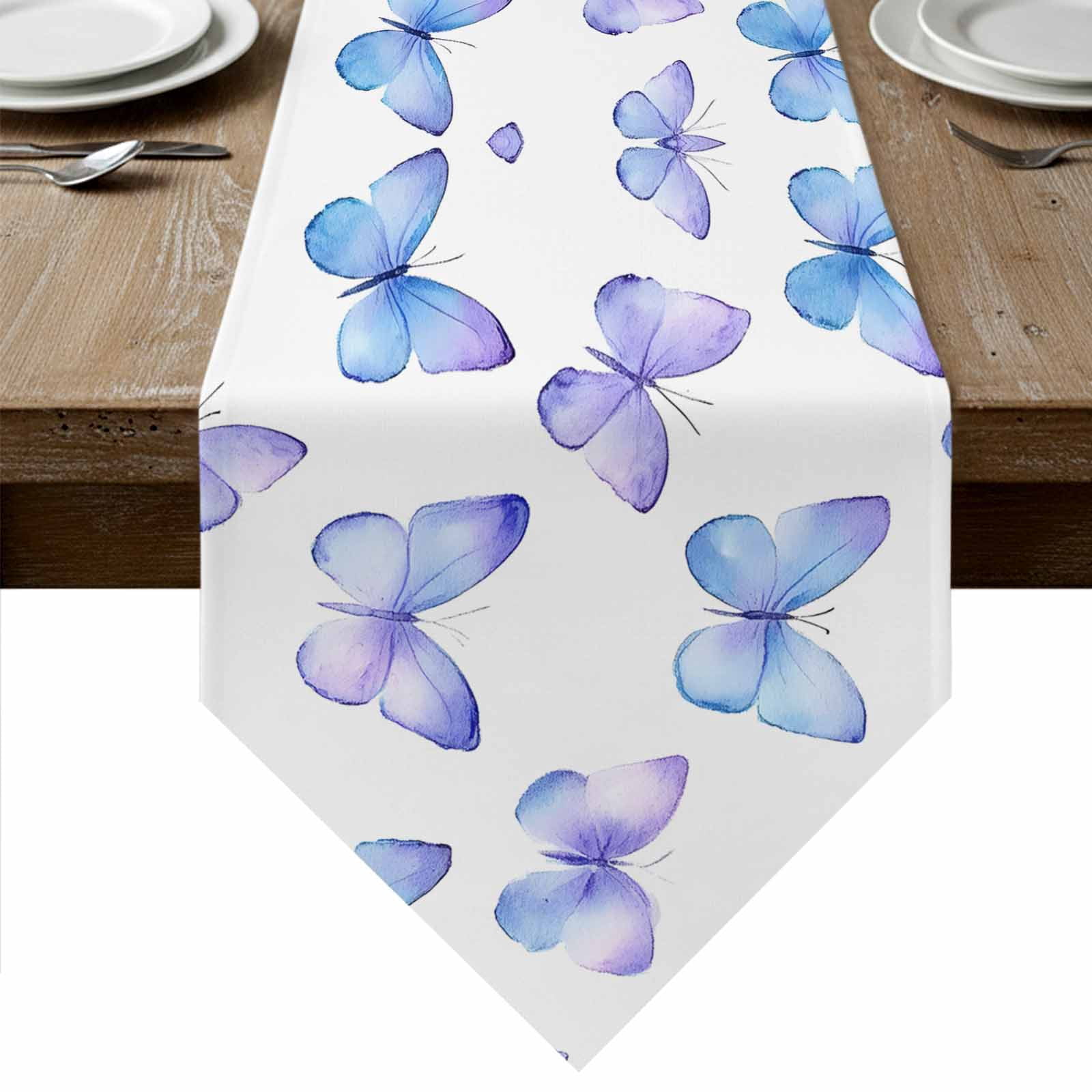 Blue Purple Butterfly Table Runner Linen Burlap Table Runner 72 Inches ...