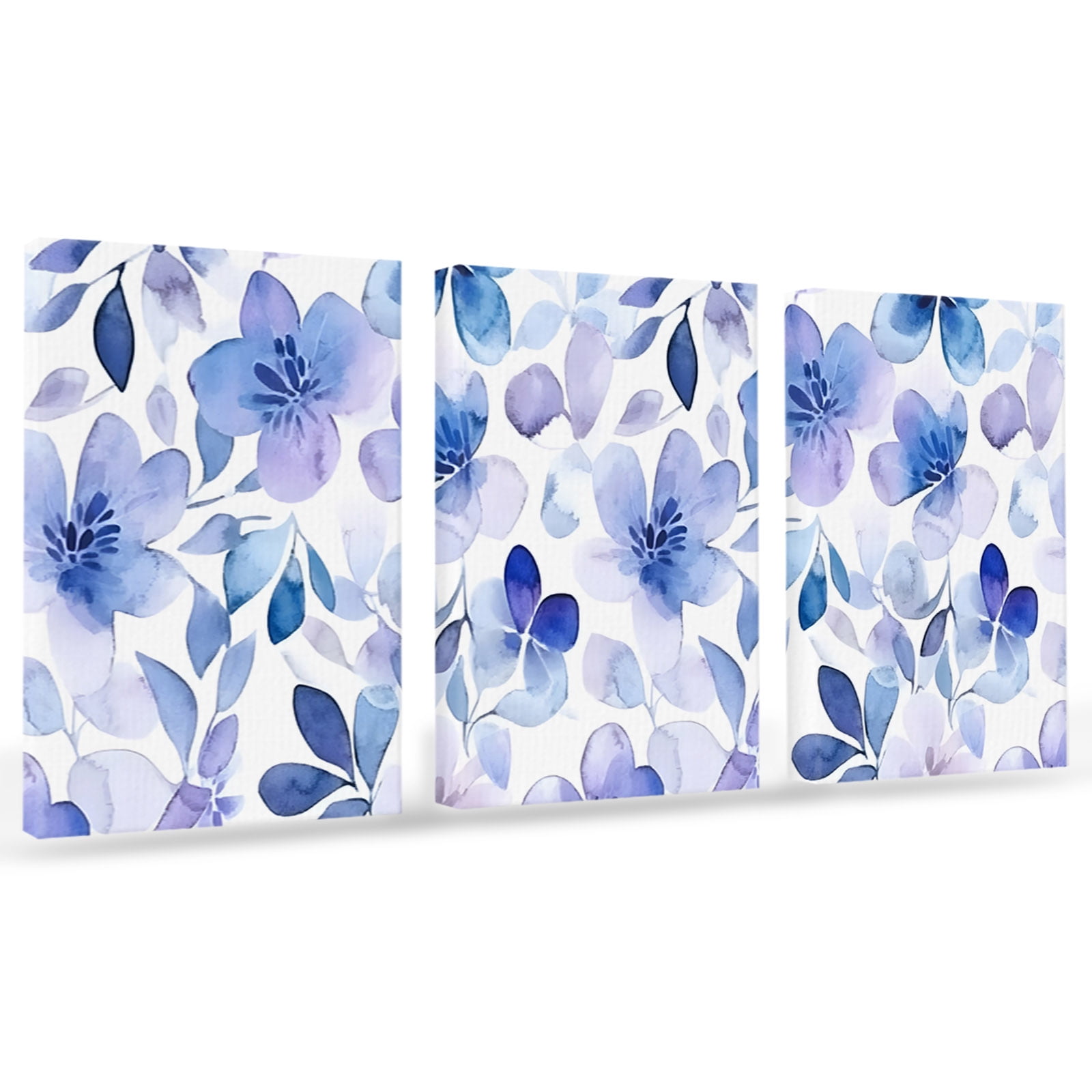 Blue Purple Canvas Wall Art 3 Panels, Pansy Flowers Abstract Watercolor ...