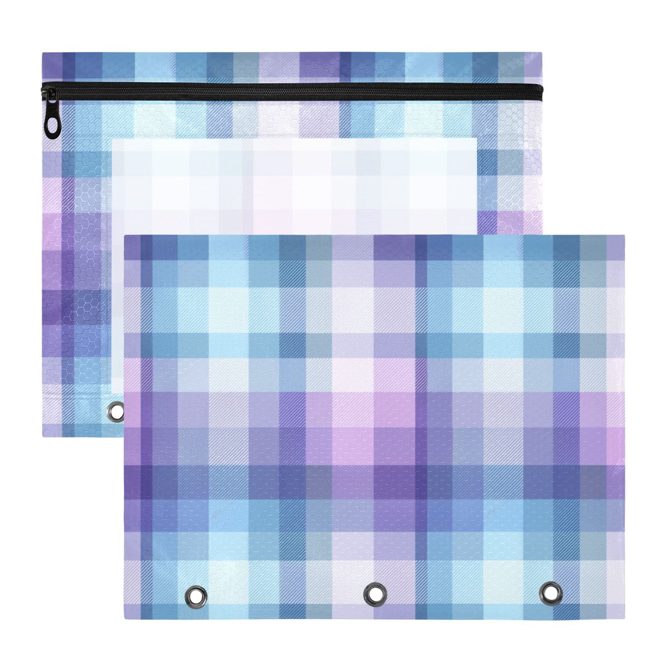 Blue Purple Checkered Pattern 3-Ring Binder Pocket with Zipper Pencil ...