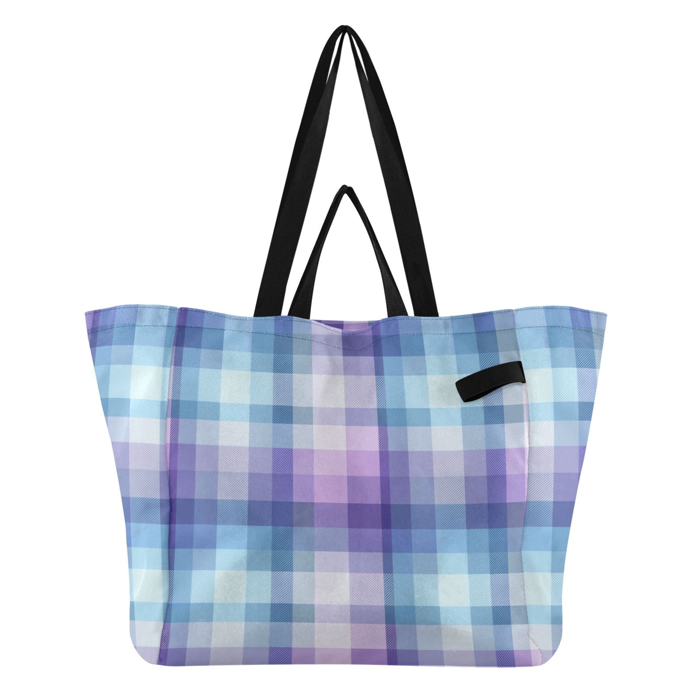 Blue Purple Checkered Pattern Foldable Canvas Tote Bags Reusable ...