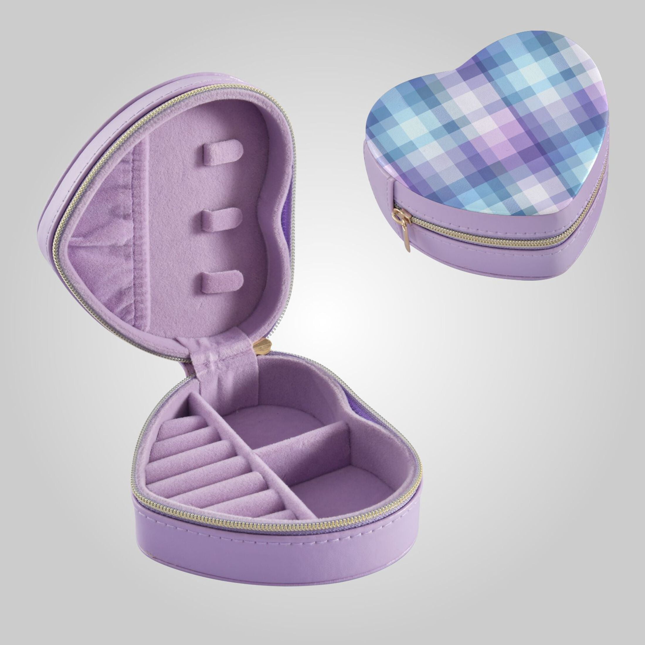 Blue Purple Checkered Pattern PU Leather Heart-shaped Jewelry Box Jewel ...