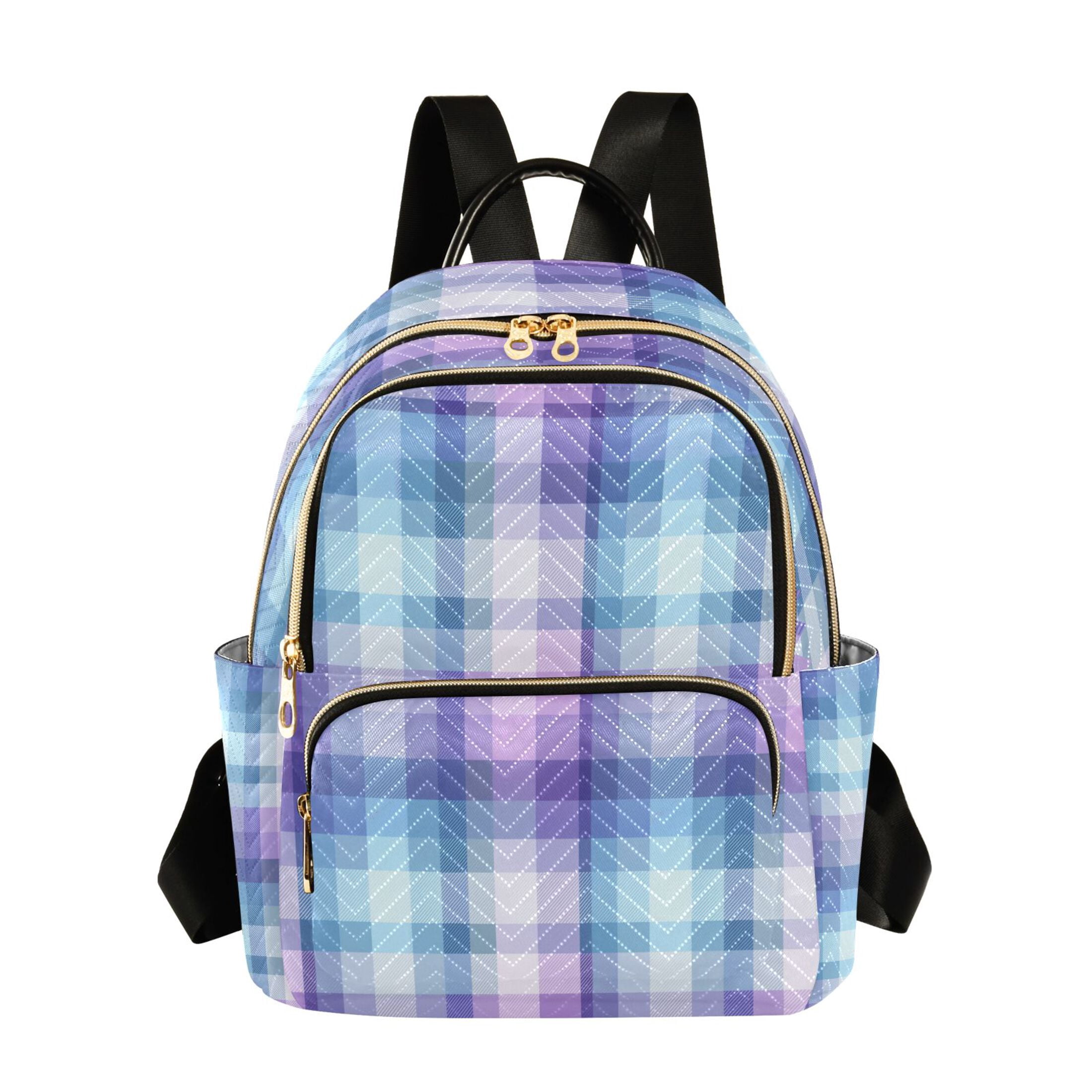 Blue Purple Checkered Pattern Quilted Backpack Fashion Daypack Commuter ...