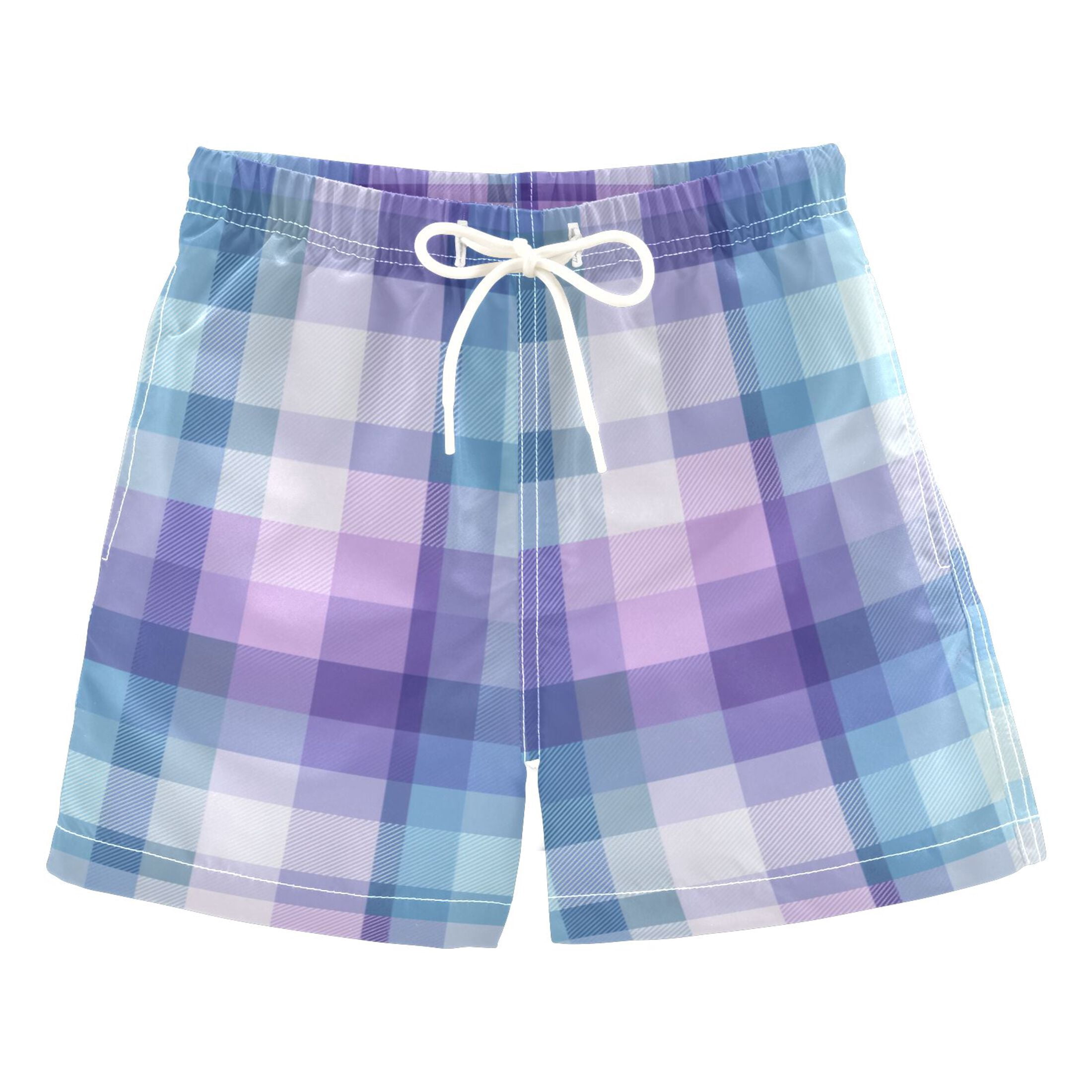 Blue Purple Checkered Pattern Swim Trunks Board Shorts Beach Pants ...