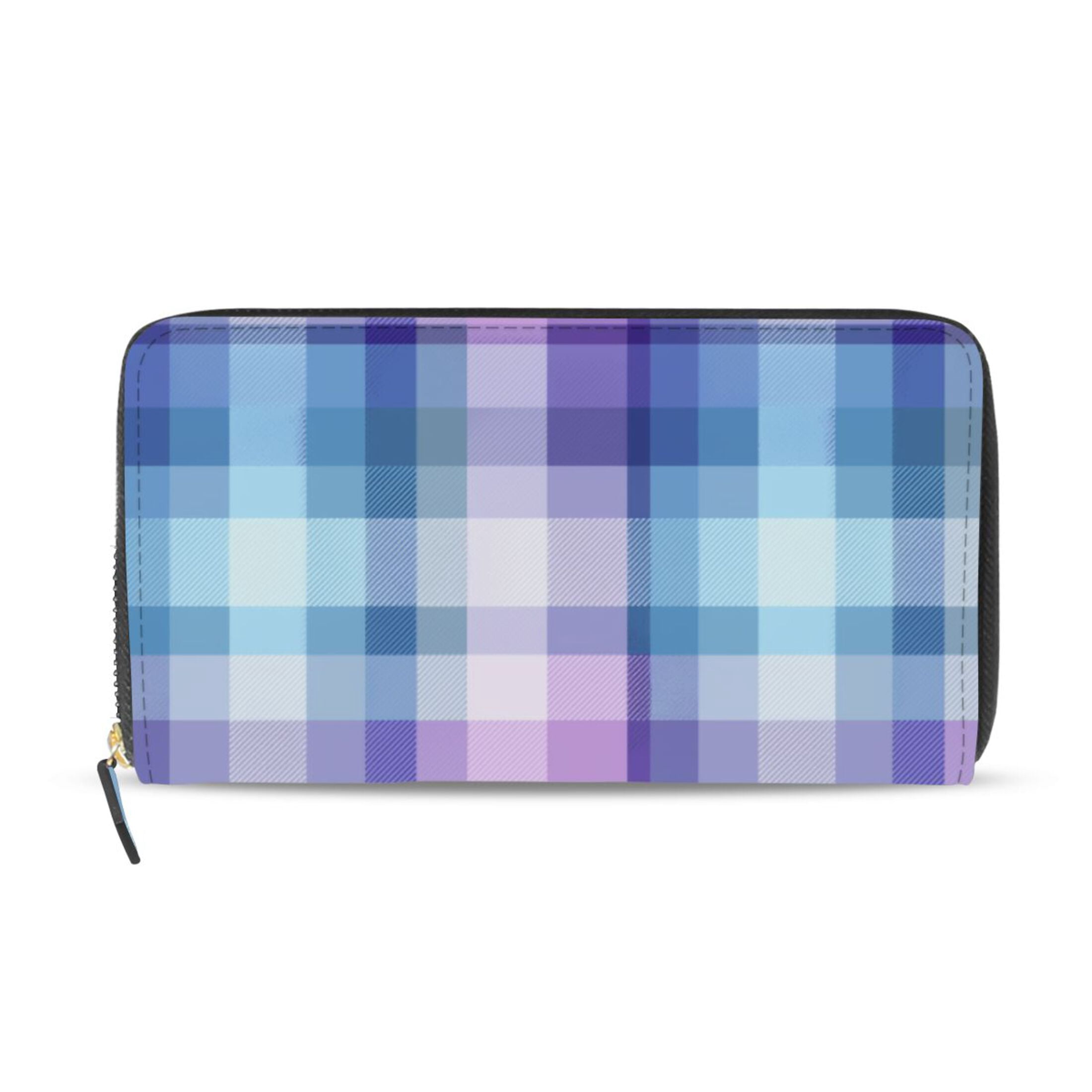 Blue Purple Checkered Pattern Women's Long Zipper Wallet Bifold Clutch ...