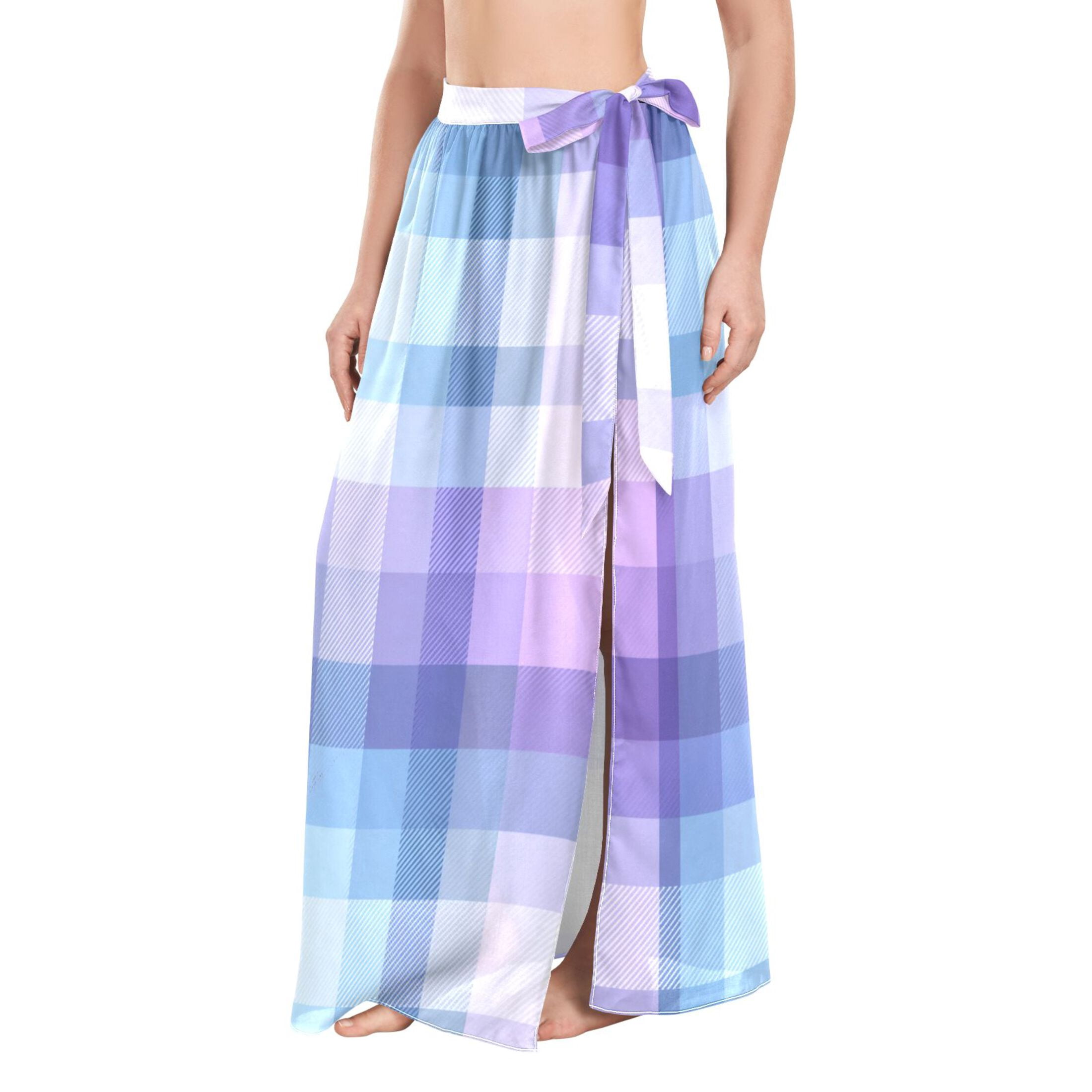 Blue Purple Checkered Pattern Women's Swimwear Cover Ups Strappy Beach ...