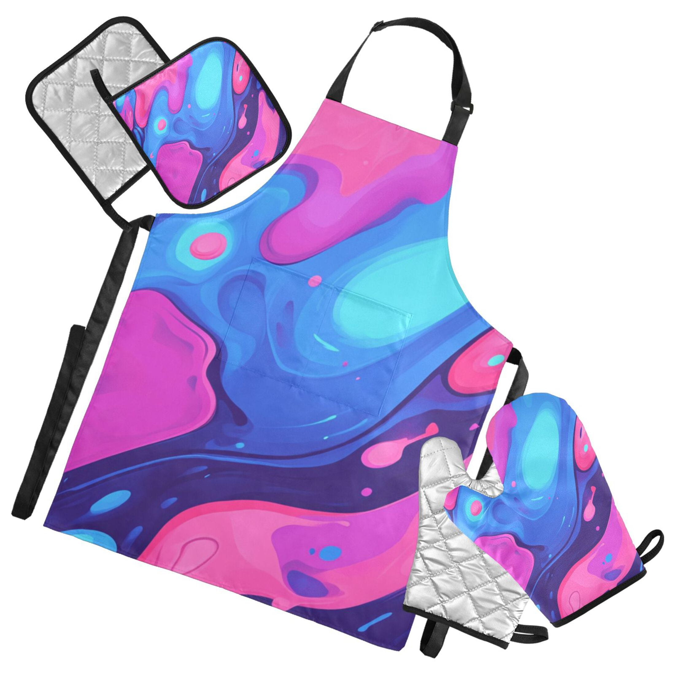 Blue Purple Color Flow Oven Mitts and Pot Holders with Chef Apron Set 5 ...