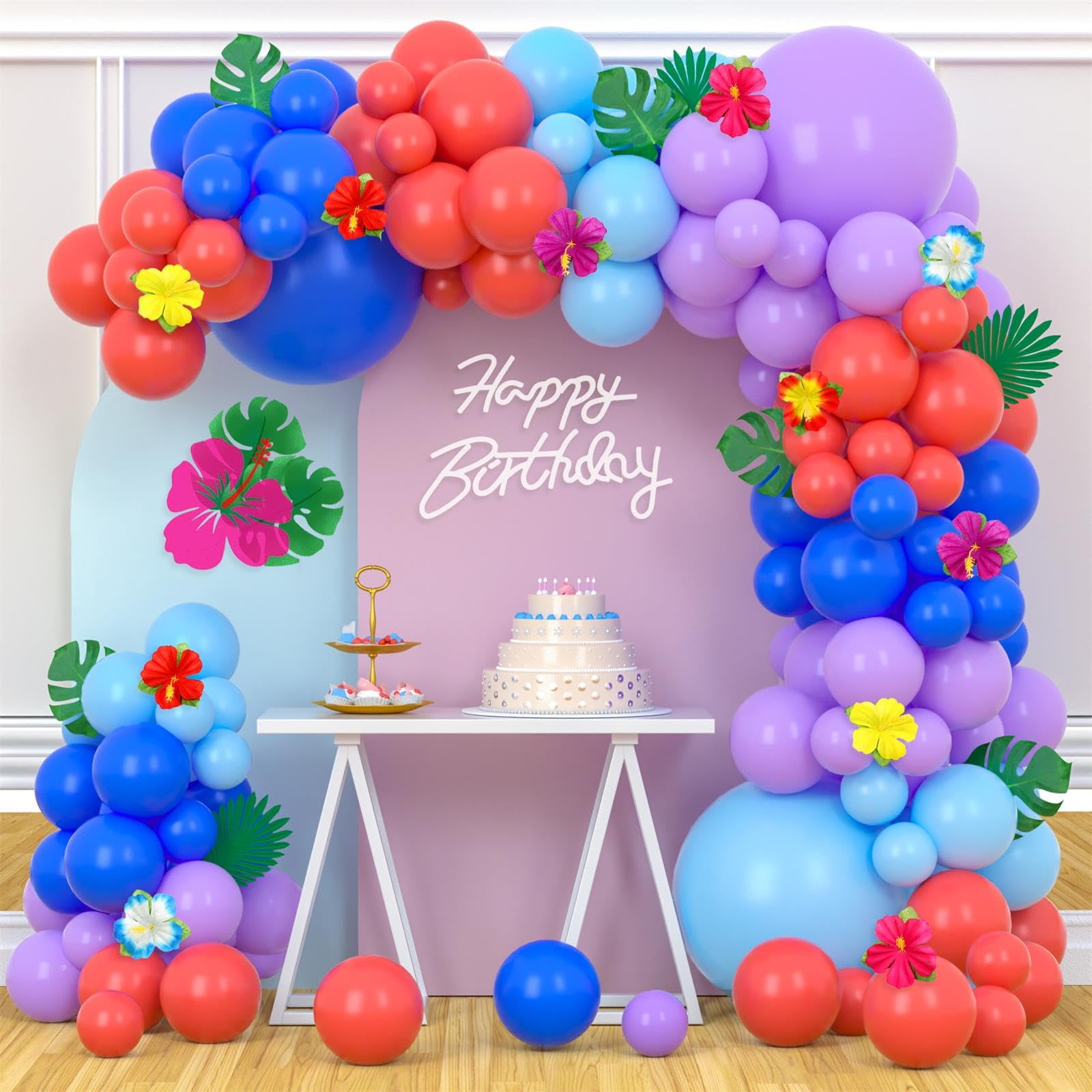 Blue Purple Coral Balloon Arch with Palm Leaves Flower Balloons Garland ...