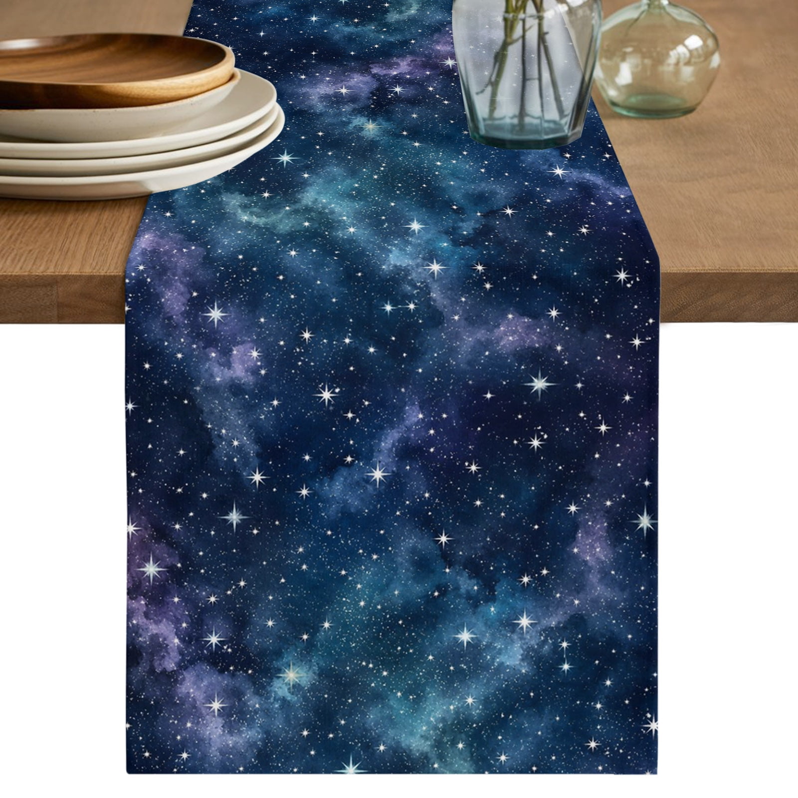 Blue Purple Cosmic Table Runner, Deep Space Glowing Stars Purple ...