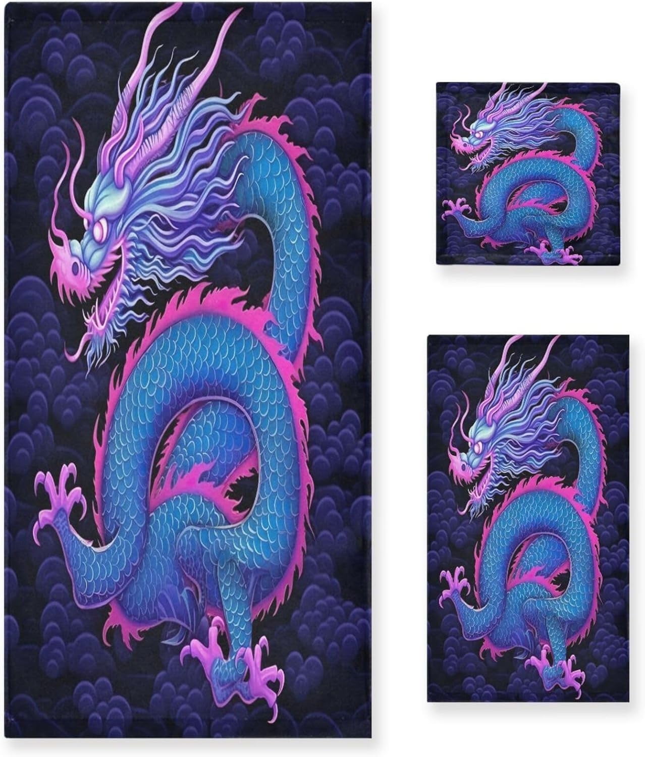 Blue Purple Dragon Towels 3 Pack Bath Towels for Bathroom Set Soft ...
