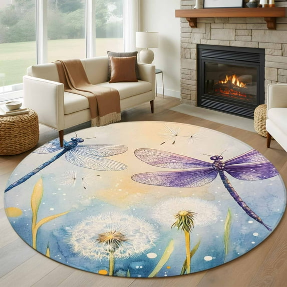 Blue Purple Dragonfly Round Rug 5ft Washable Circle Kitchen Rugs Non ...