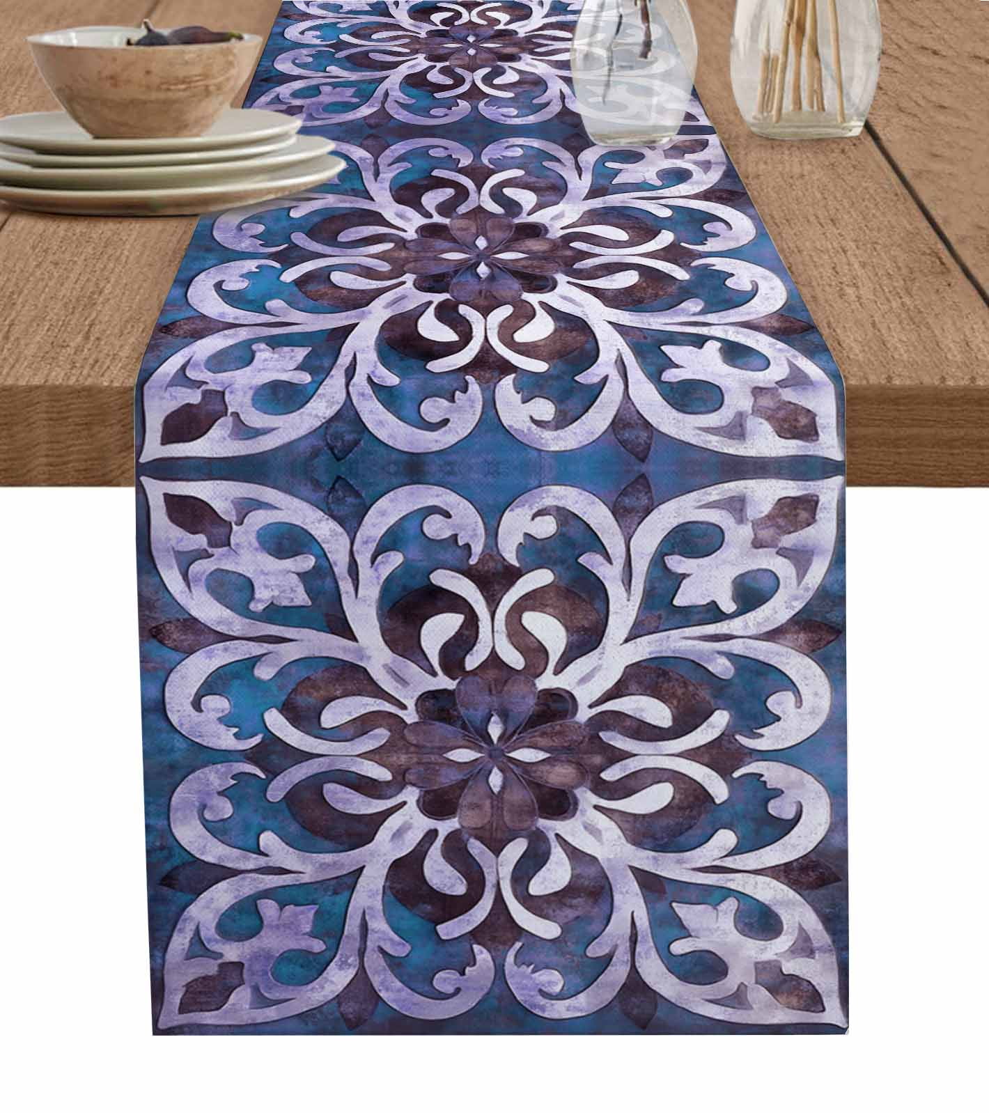 Blue Purple Ethnic Table Runner 72 Inches, Rustic Boho Flowers ...