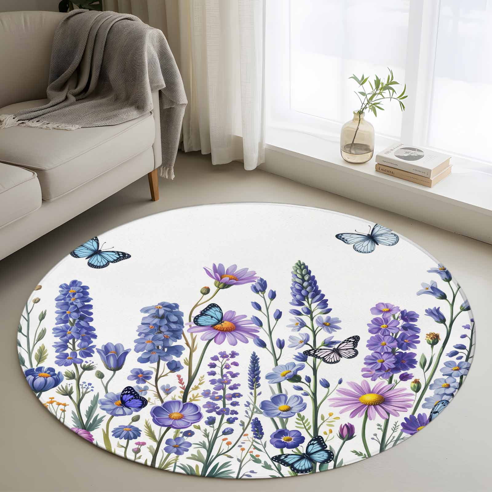 Blue Purple Floral 3.3' Round Rug for Bedroom Reading Corner, Spring ...