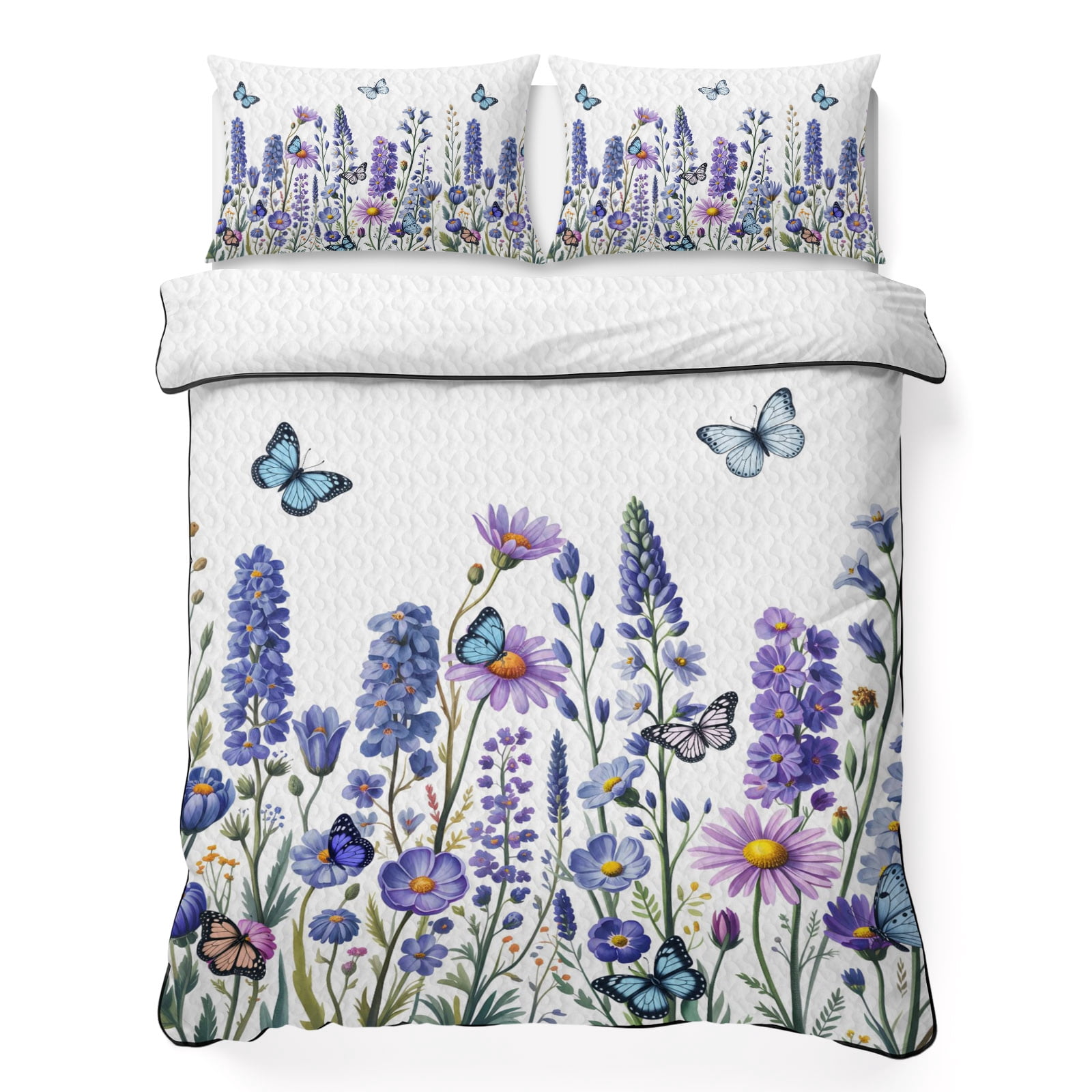 Blue Purple Floral 3 Piece Quilt Bedding Set with 2 Pillow Shams ...