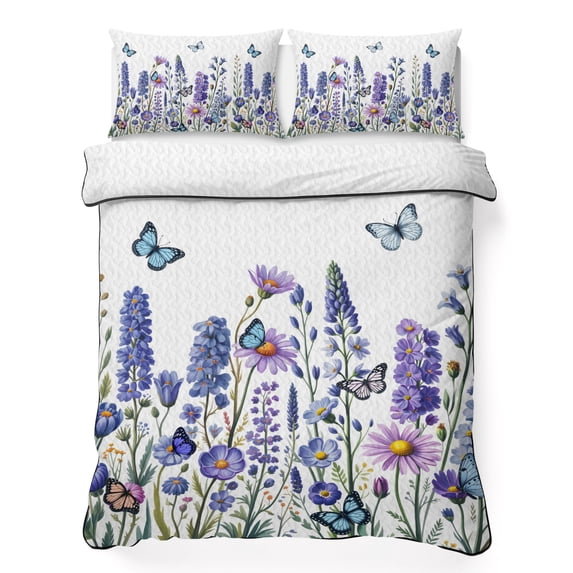 Blue Purple Floral 3 Piece Quilt Bedding Set with 2 Pillow Shams ...