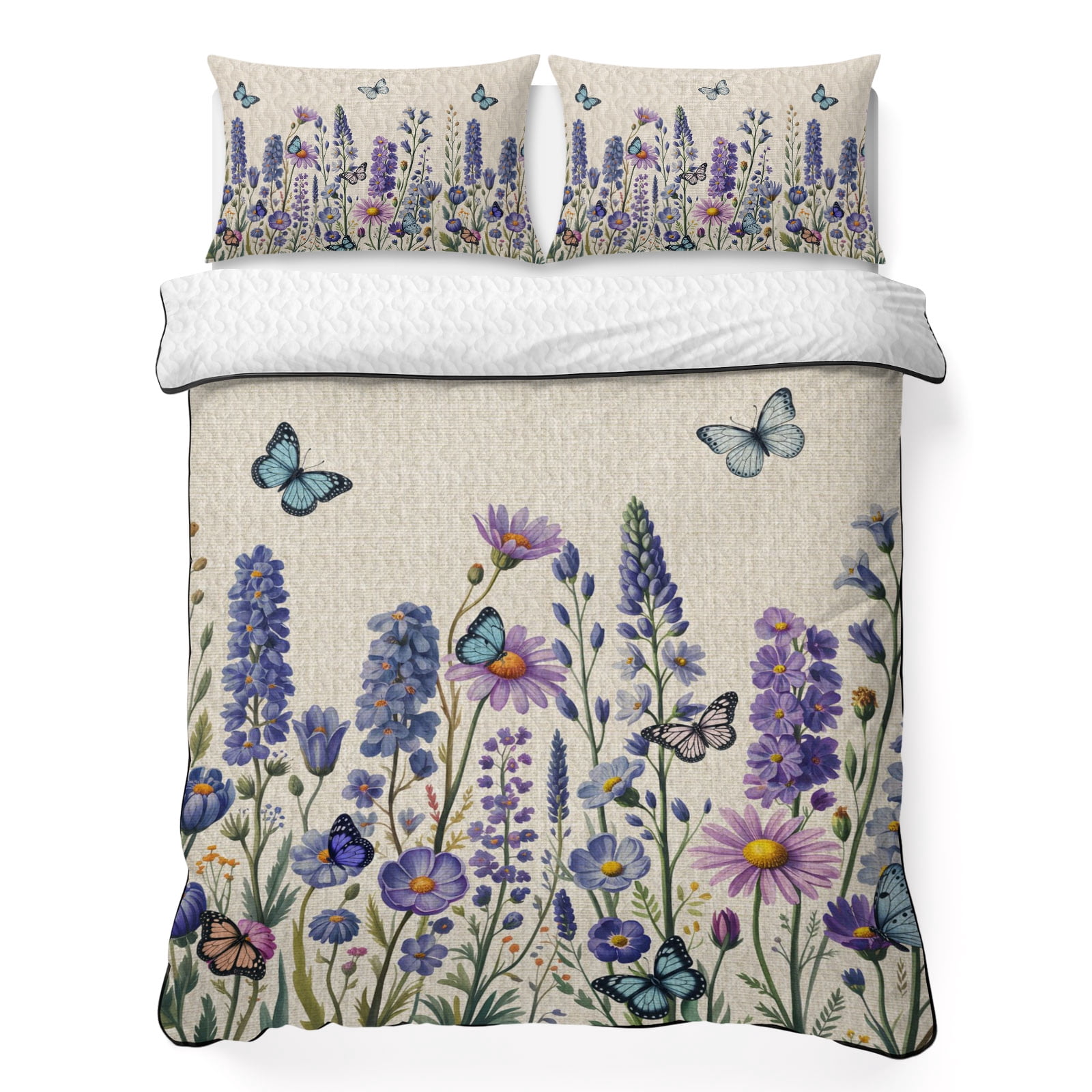 Blue Purple Floral 3 Piece Quilt Bedding Set with 2 Pillow Shams ...