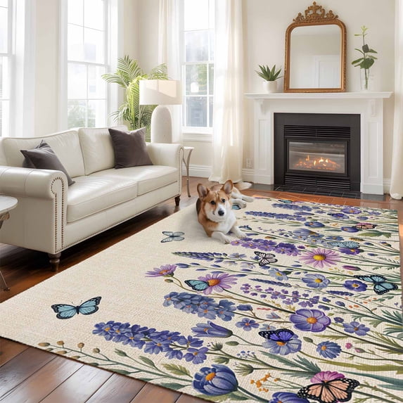 Blue Purple Floral Area Rugs 5x7 ft Spring Lavender Wildflowers Blue ...