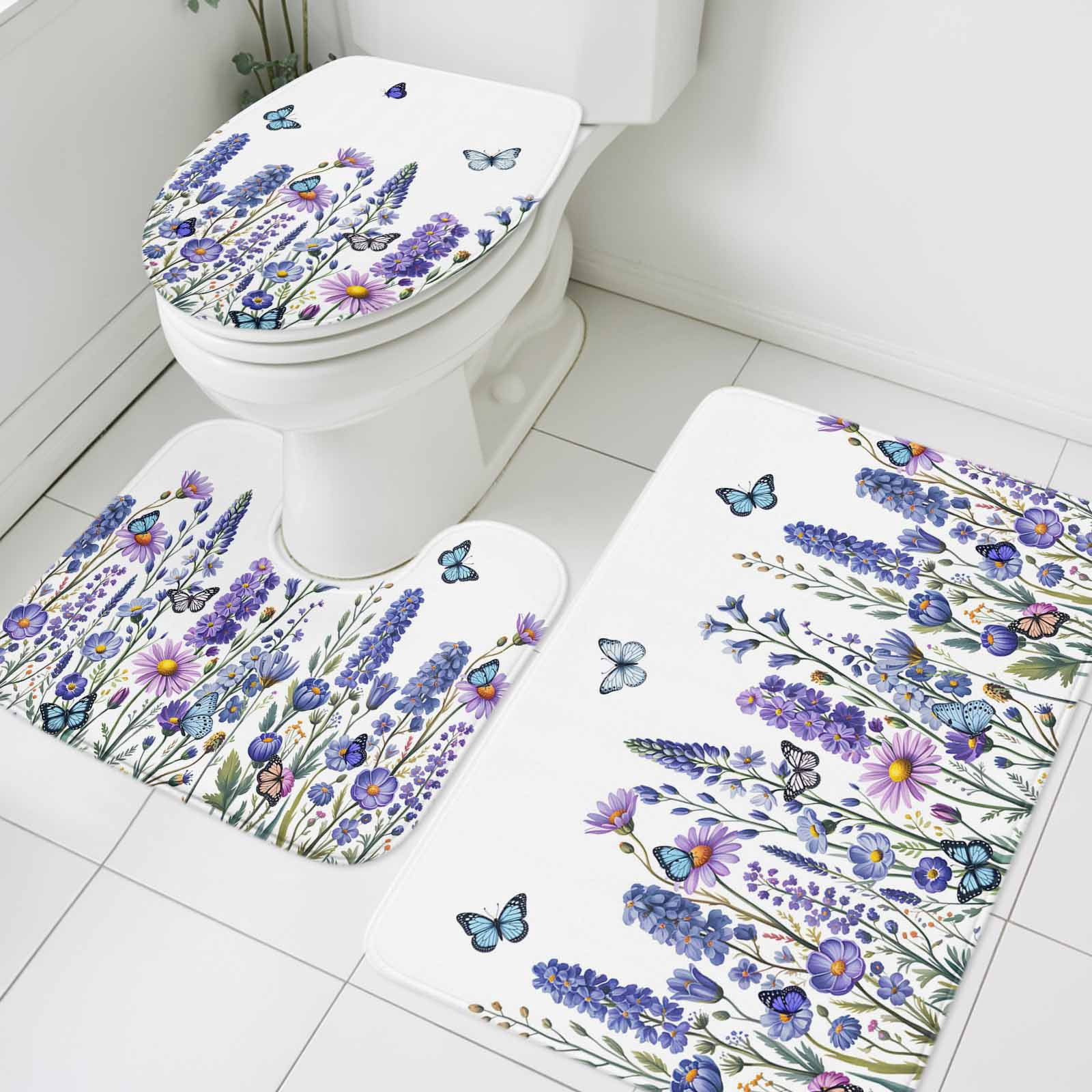Blue Purple Floral Bathroom Rugs Set Spring Lavender Wildflowers Blue ...