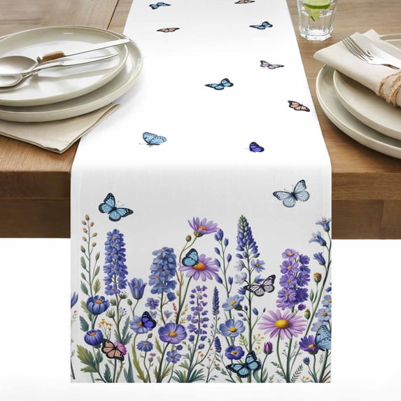 Blue Purple Floral Cotton Linen Table Runner Spring Lavender ...