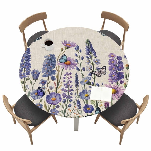 Blue Purple Floral Round Fitted Tablecloth with Elastic Edge Spring ...