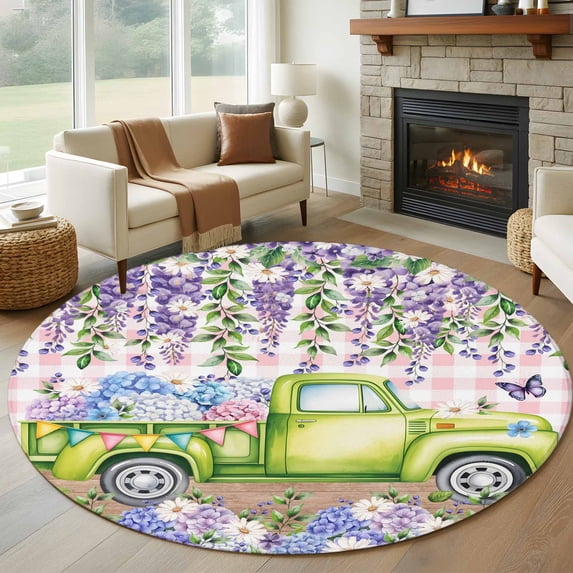 Blue Purple Floral Round Rug 7ft Washable Circle Rugs Non Slip Spring ...
