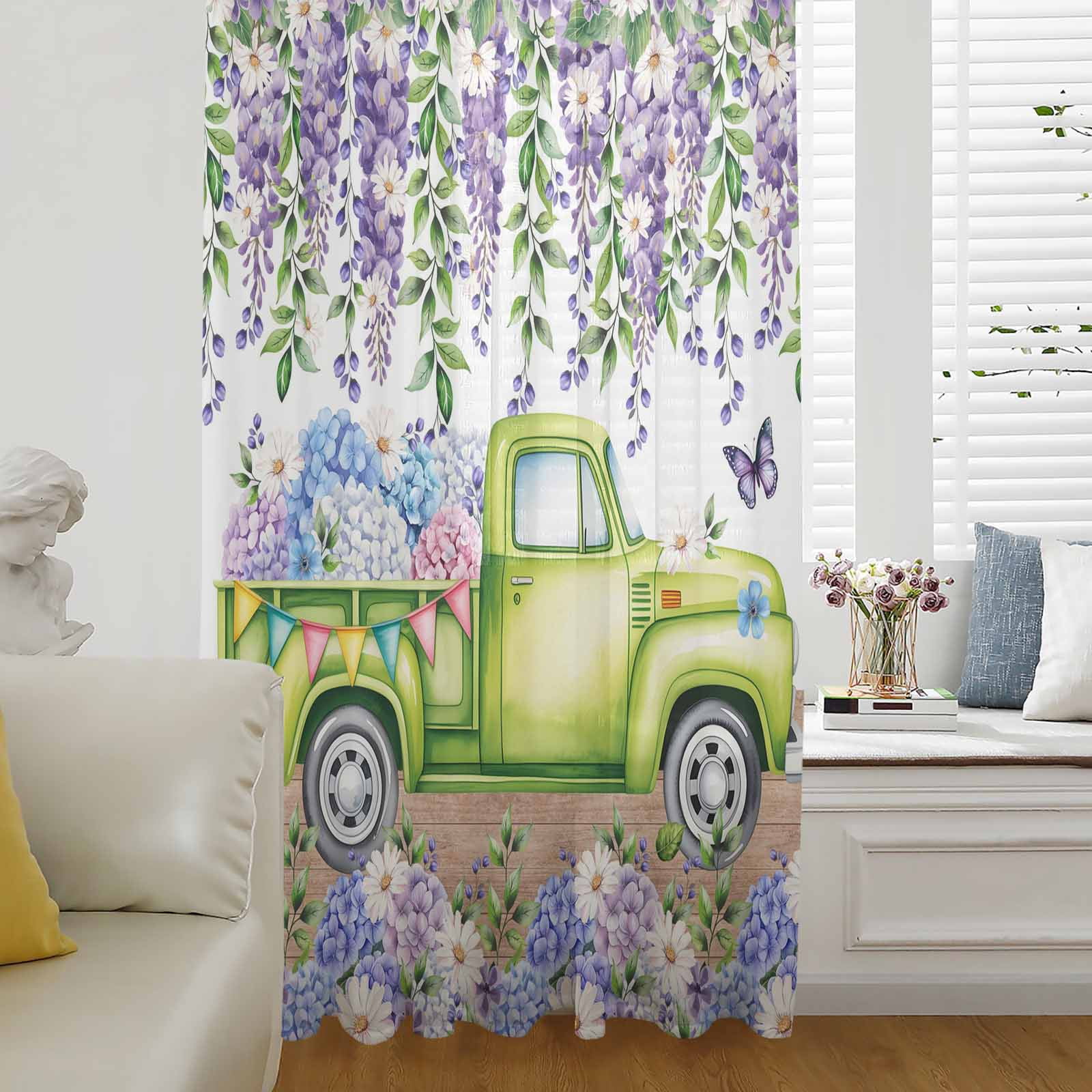 Blue Purple Floral Semi Sheer Curtains Drapes for Living Room,Bedroom ...