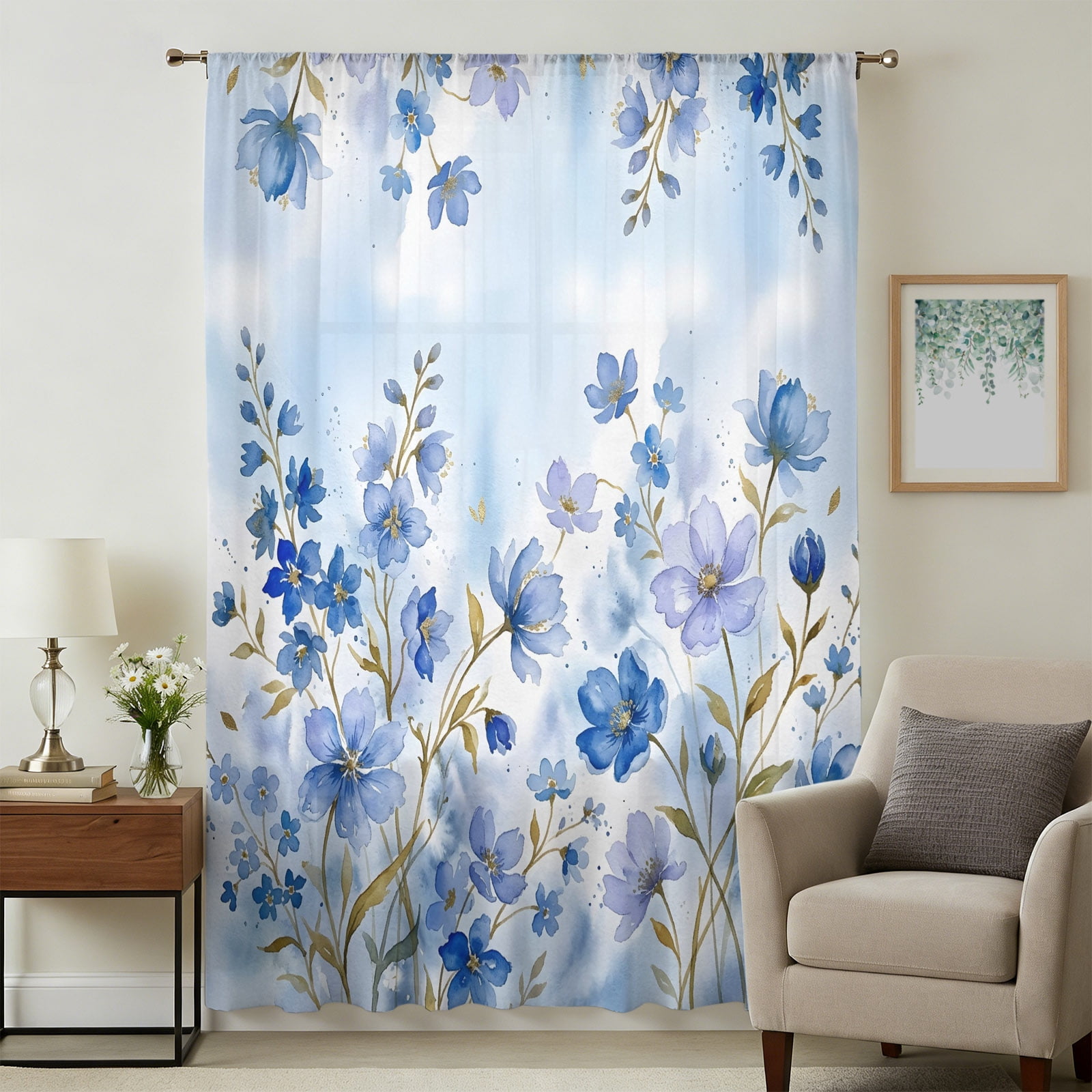 Blue Purple Floral Sheer Curtains 108" Extra Long for Living Room ...