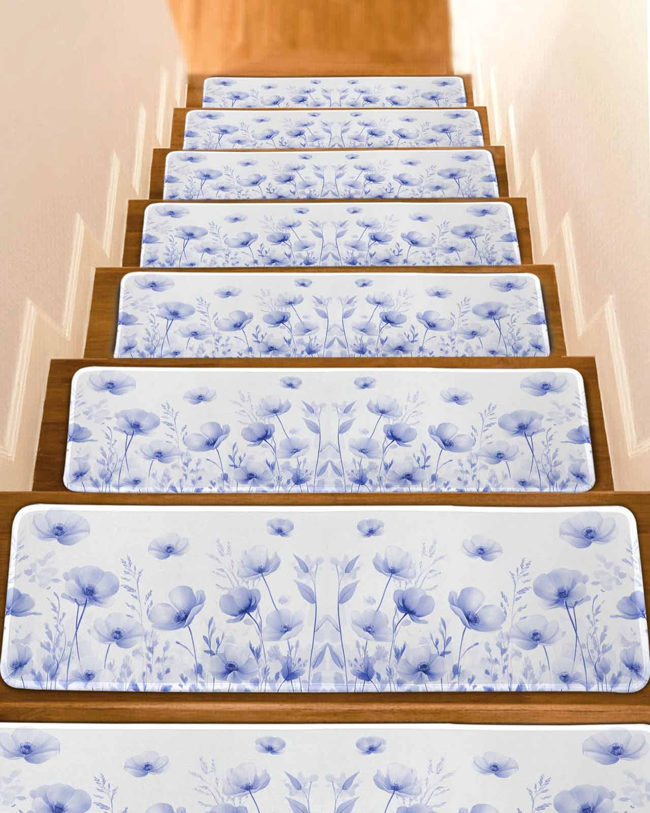 Blue Purple Floral Stair Treads for Wooden Steps Indoor Runner Rug ...