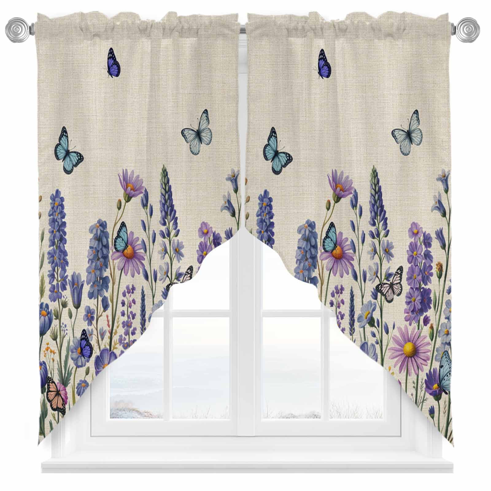Blue Purple Floral Swag Kitchen Curtain Valances, Spring Lavender ...