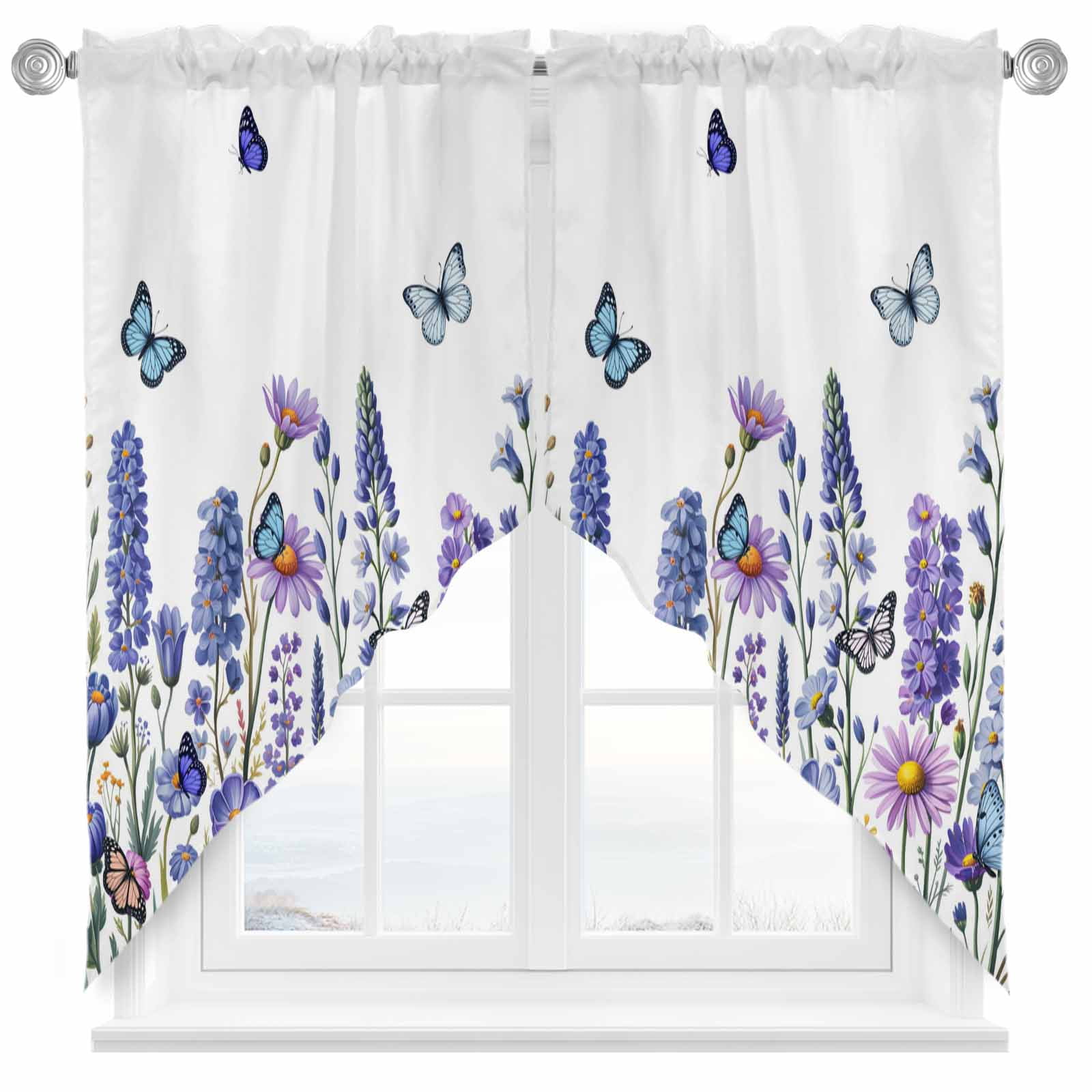 Blue Purple Floral Swag Kitchen Curtain Valances, Spring Lavender ...
