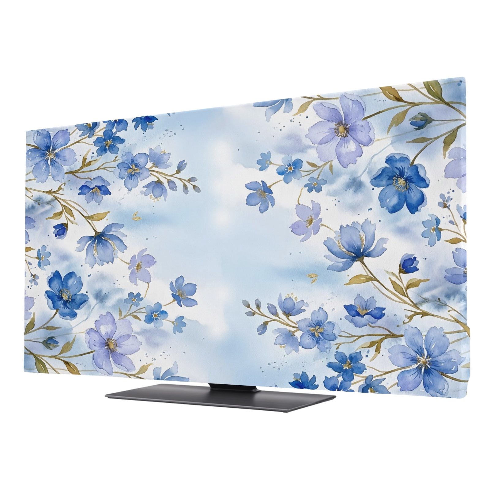Blue Purple Floral TV Cover for 75 Inch Screen,Stretch Fabric Dustproof ...