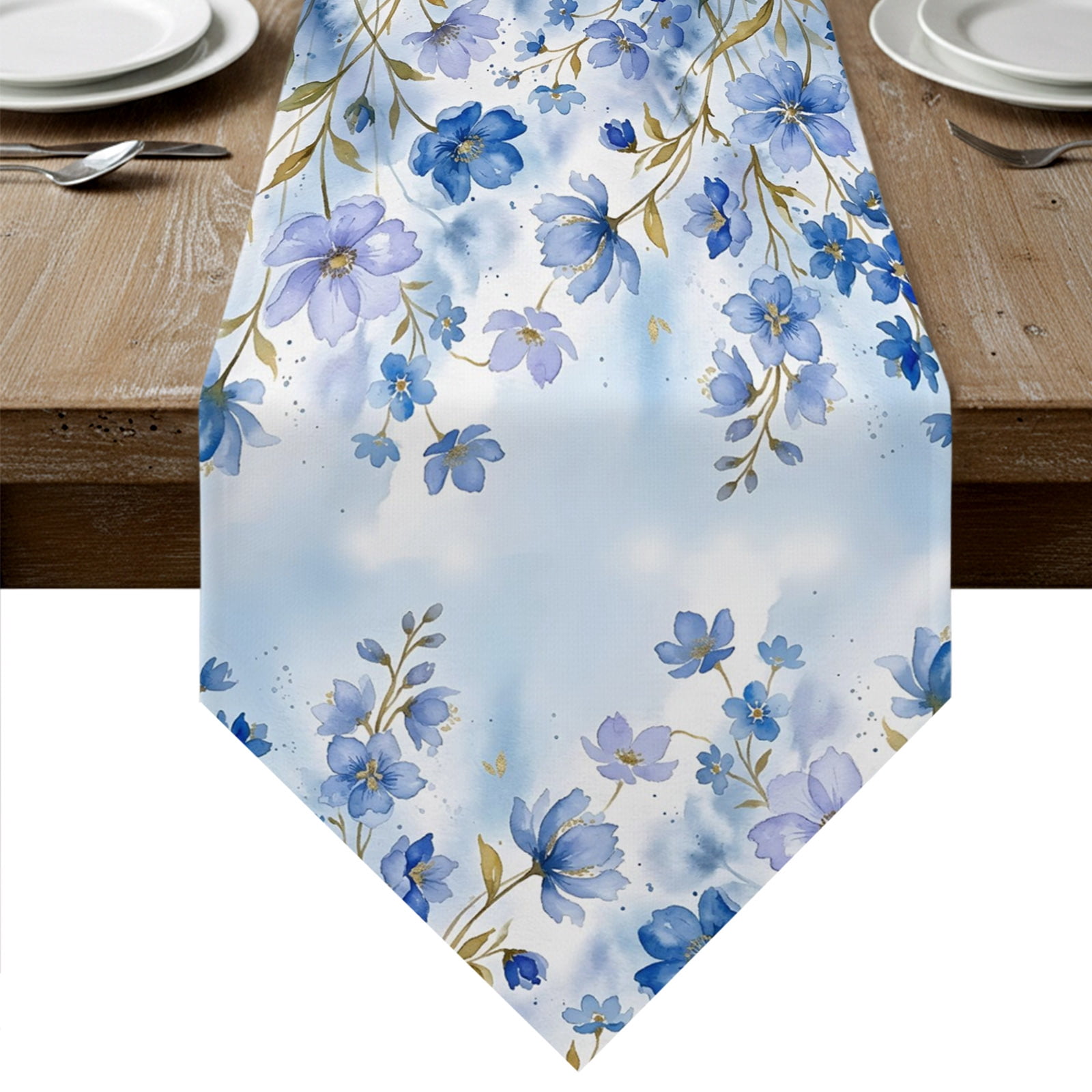 Blue Purple Floral Table Runner Linen Burlap Table Runner 48 Inches ...