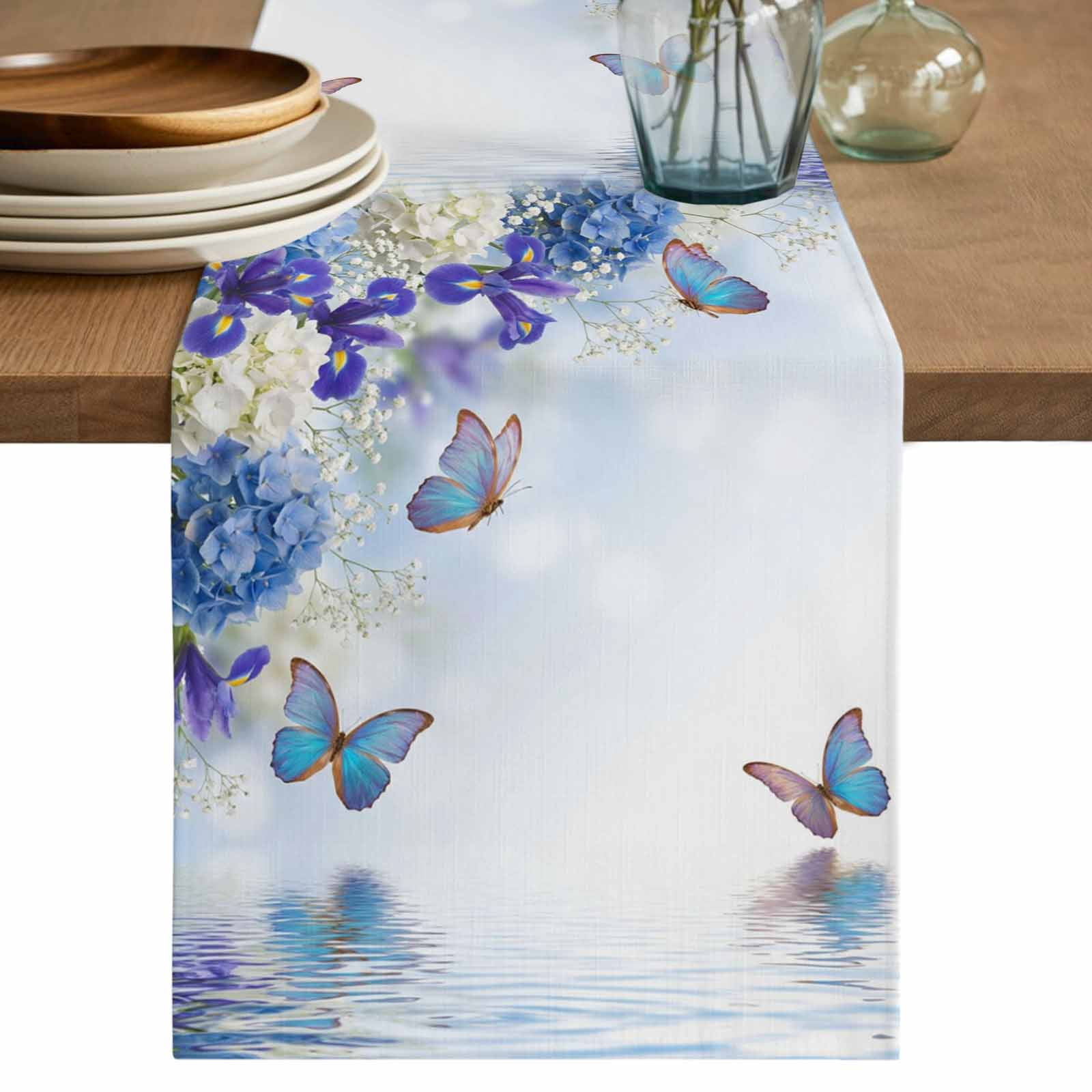 Blue Purple Floral Table Runner, Ombre Butterflies Modern Art Spring ...