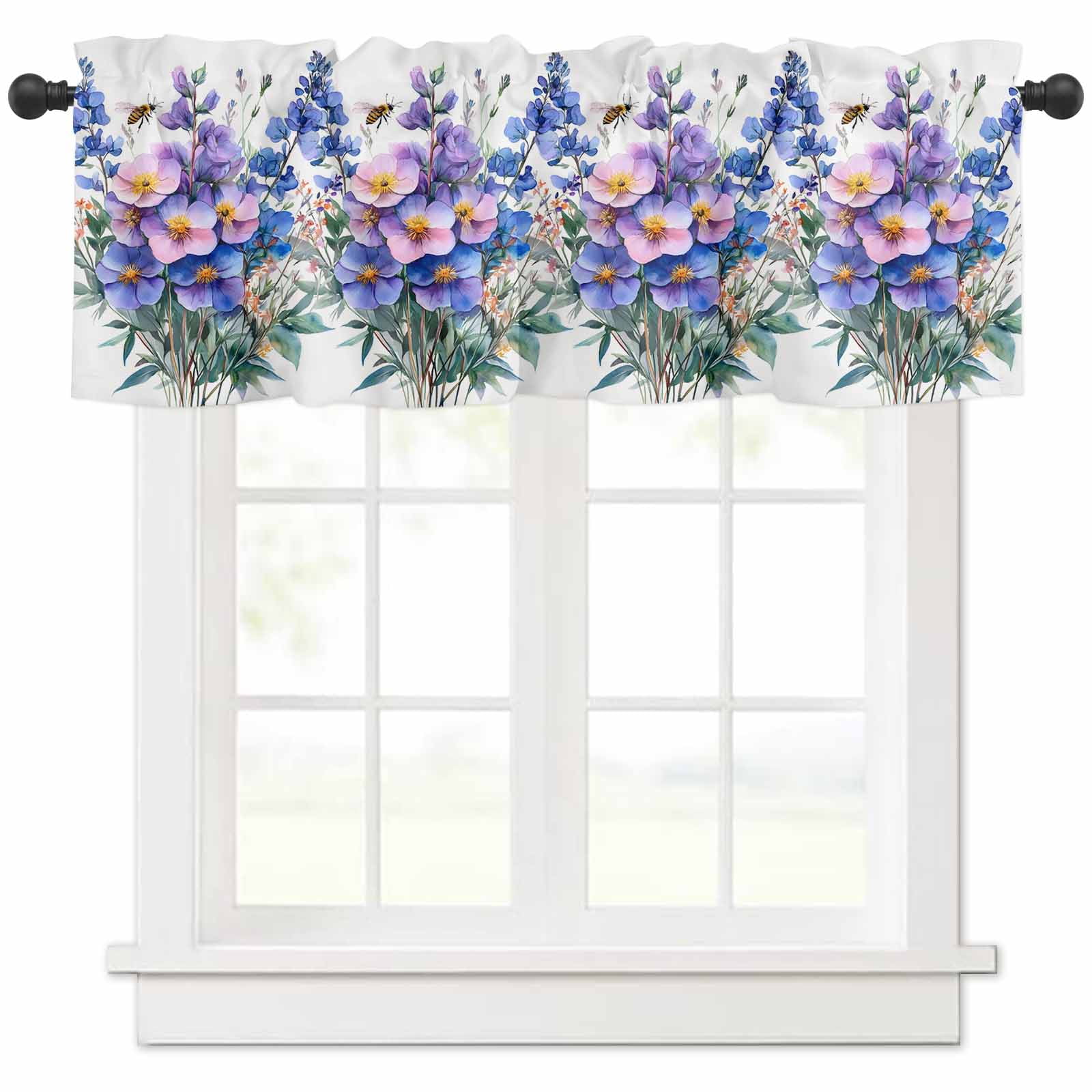 Blue Purple Floral Valances for Windows Farmhouse Kitchen Curtains ...