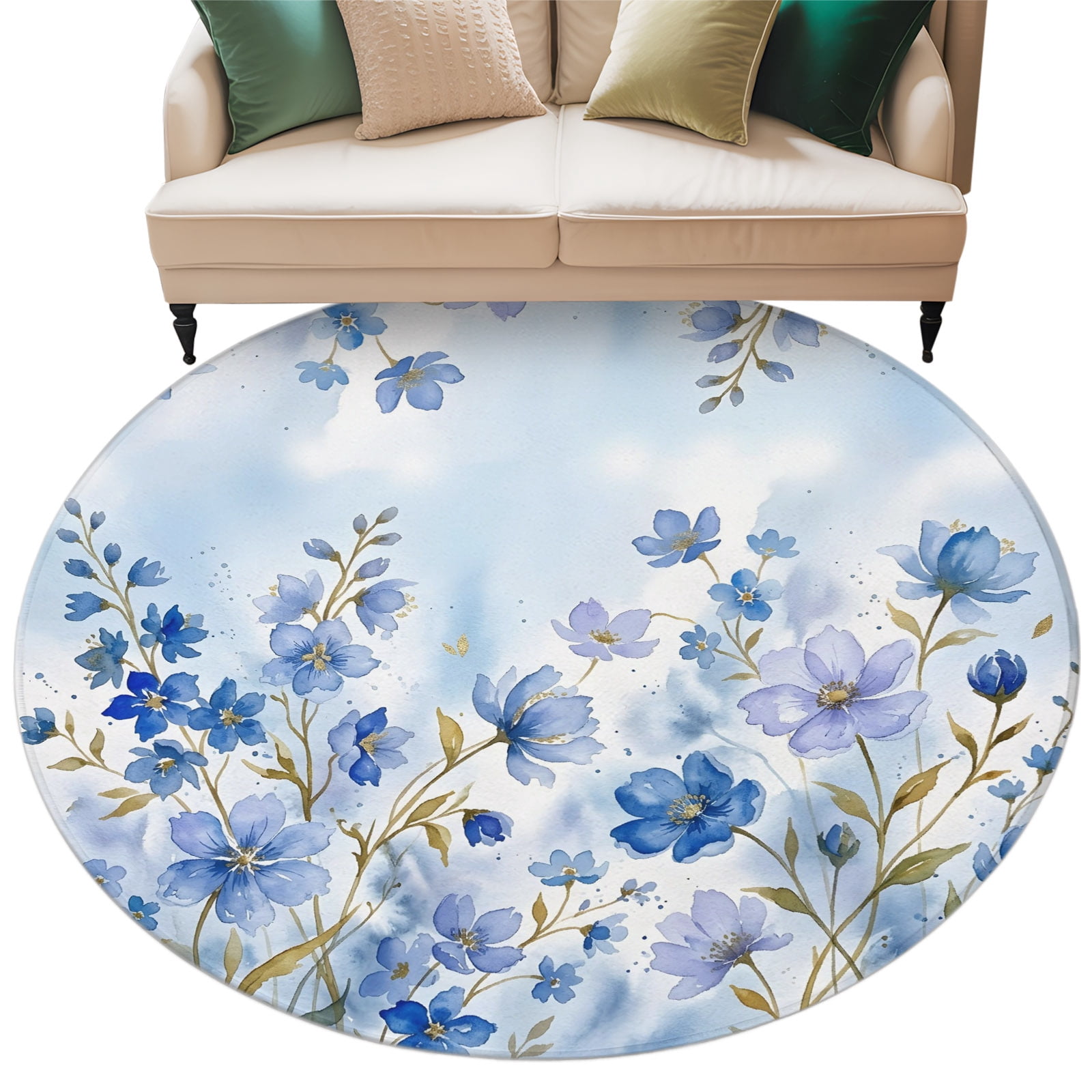 Blue Purple Floral Washable Round Rug 6ft Area Rug for Living Room ...
