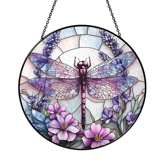 Blue Purple Flower Dragonfly Glass Suncatcher Window Hanging, Botanical ...