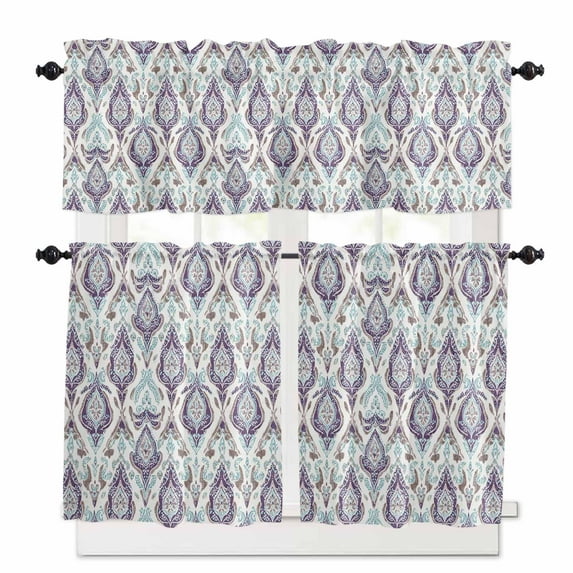 Blue Purple Flower Kitchen Curtains Valance and Tier Set Vintage Boho ...