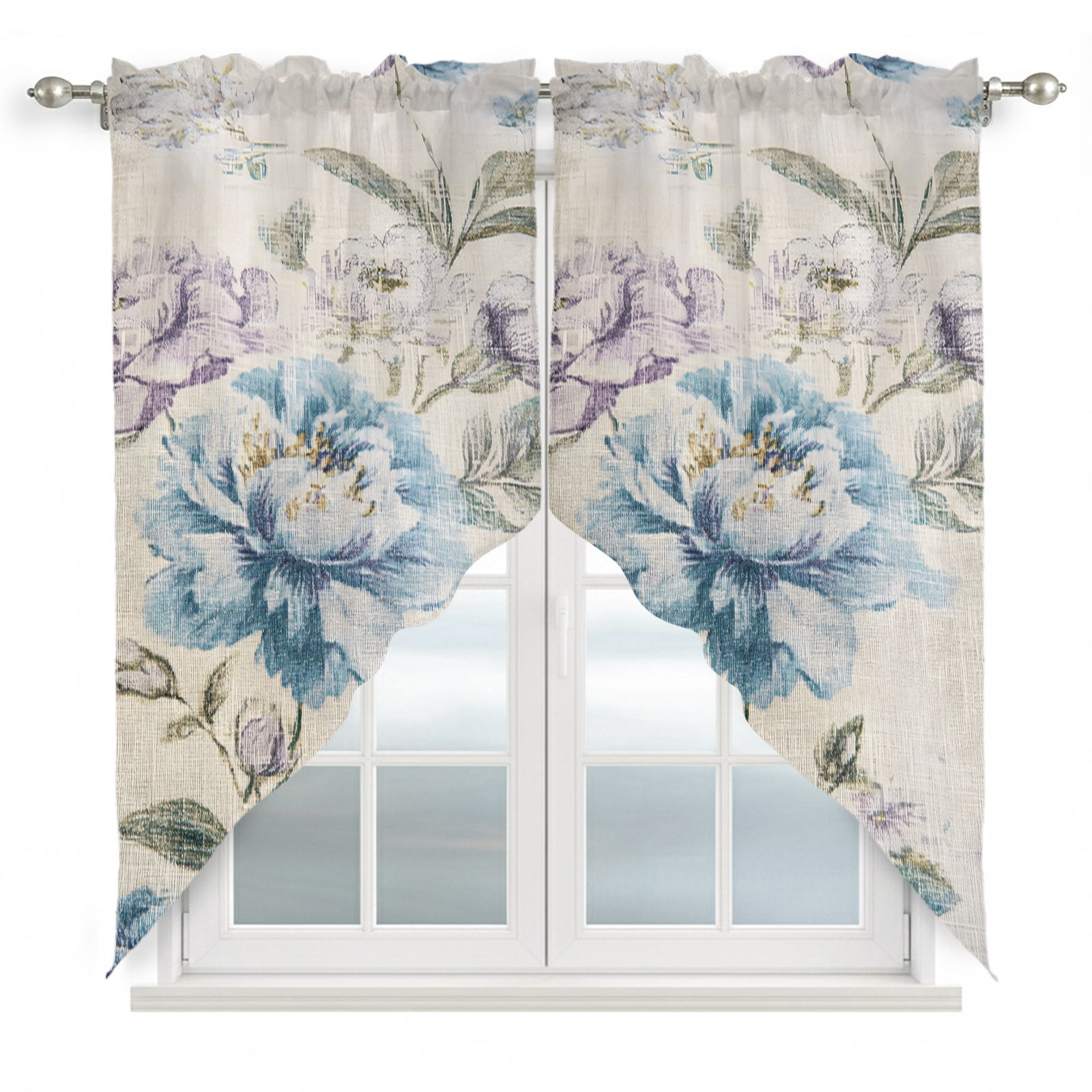 Blue Purple Flower Swag Curtain Valance for Window 2 Panels Vintage ...