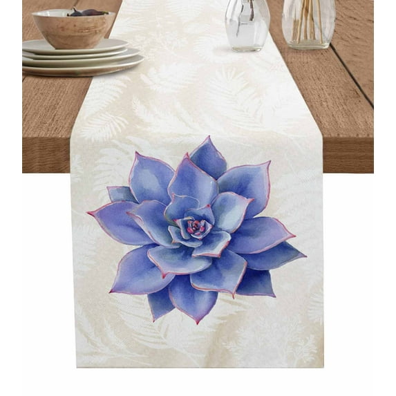 Blue Purple Flower Table Runner 72 Inches, Succulents Ferns Abstract Watercolor Bed Runner ...