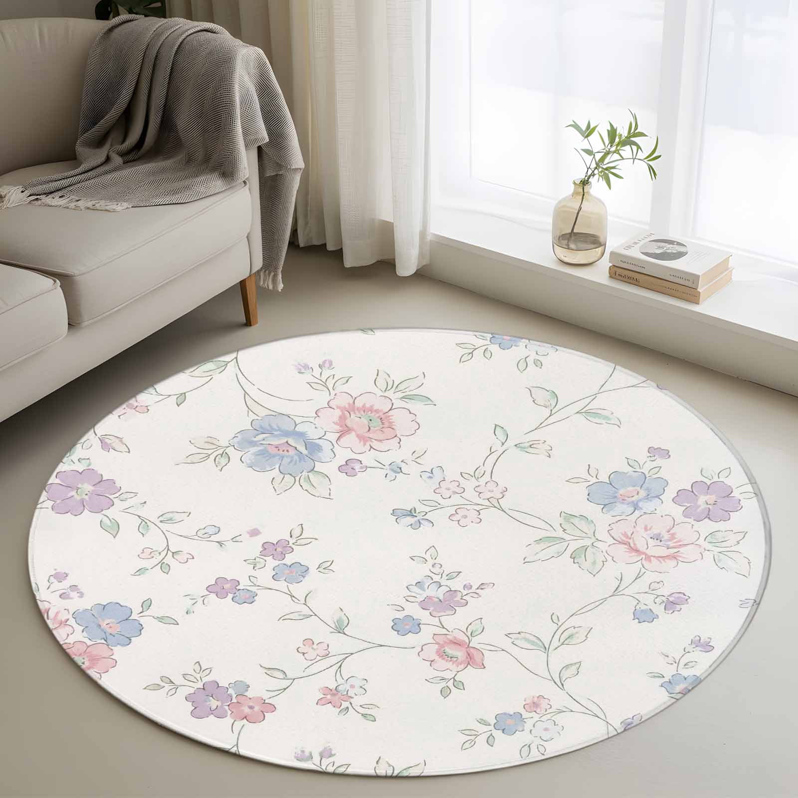 Blue Purple Flowers 3FT Round Area Rugs Rustic Light Purple Blue Pink ...