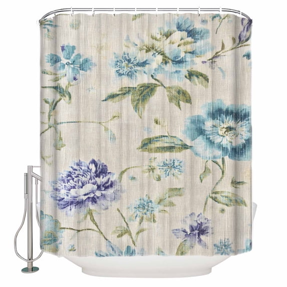 Blue Purple Flowers Bathroom Shower Curtains with 12 Hooks Polyester ...