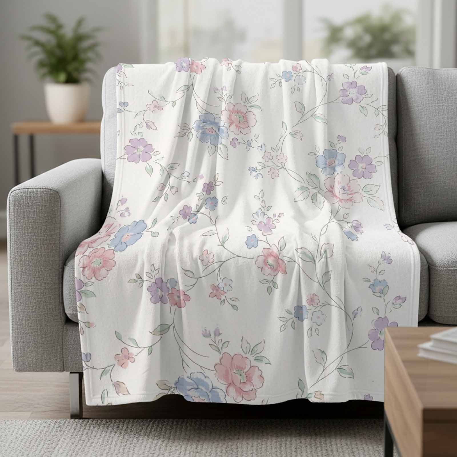 Blue Purple Flowers Fleece Throw Blanket Rustic Light Purple Blue Pink ...
